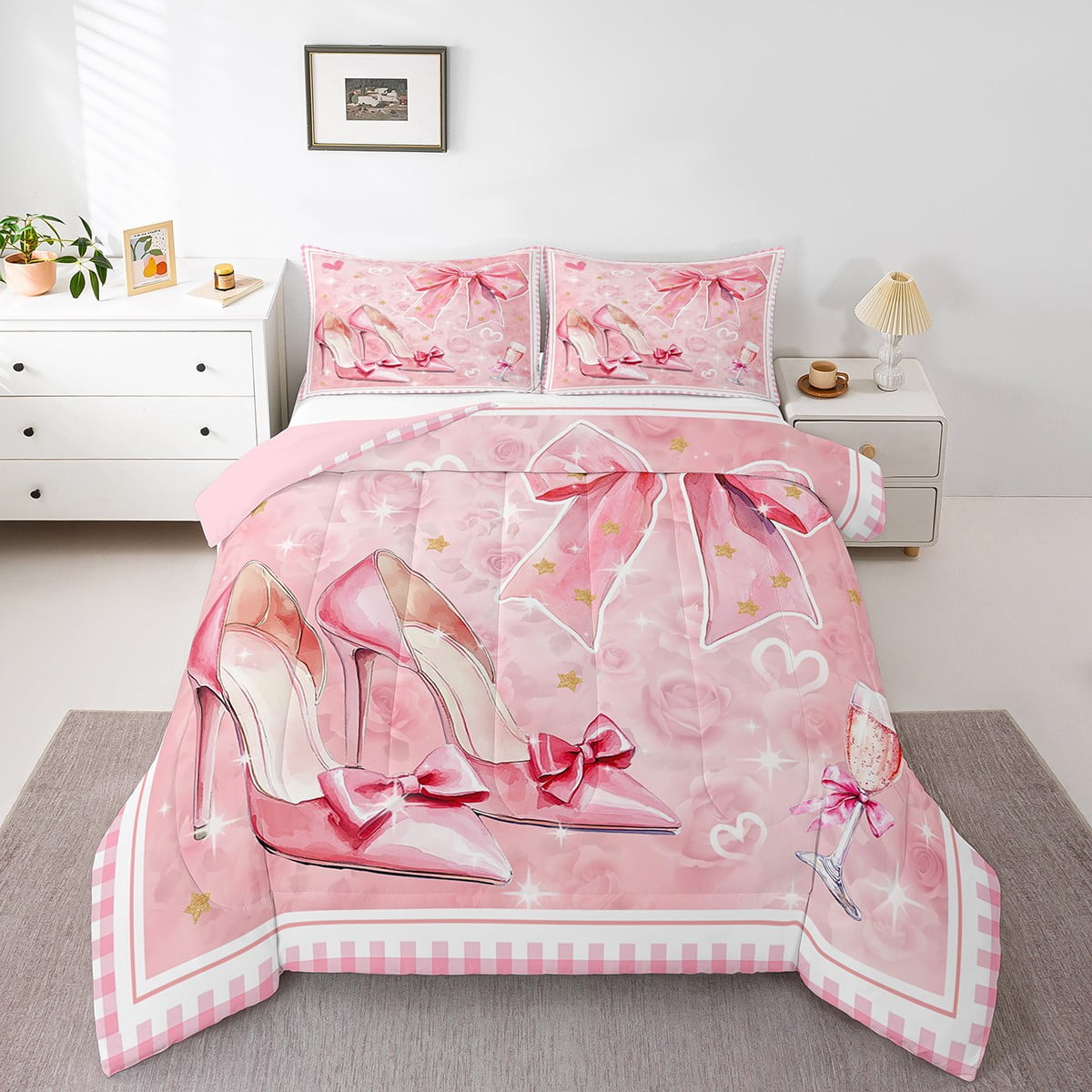 Cute Pink Bow Comforter Set Queen Size,Pink Floral Rose Bedding Set ...