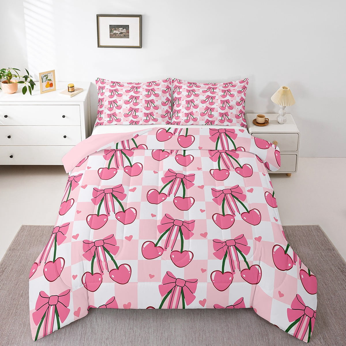 Cute Pink Bow Bedding Set,Girly Bowtie Cherry Kawaii Comforter Set ...