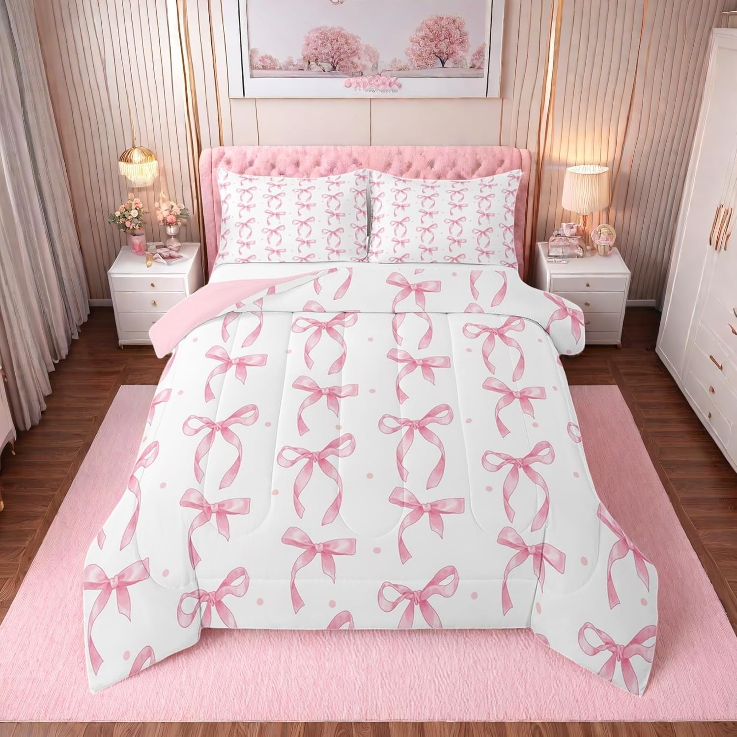 Cute Pink Bow Twin Bedding Set for Girls,Ribbon Bow Knot Comforter Set ...