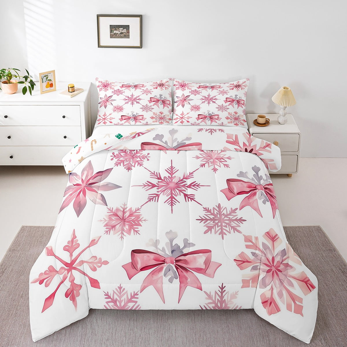 Cute Pink Bowknots Full Bedding Sets Cartoon Snowflakes Comforter Set ...