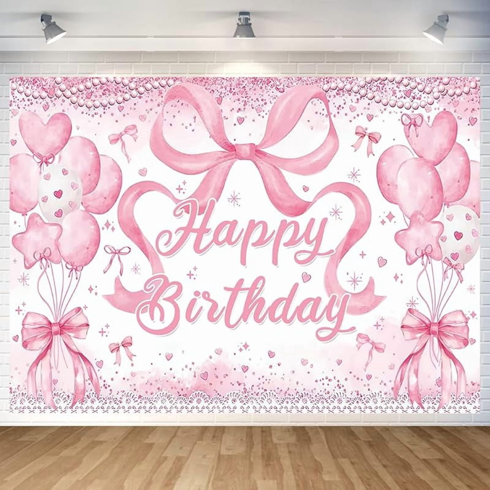 Cute Pink Bownot Birthday Party Backdrop Pink Bow Balloon Happy ...