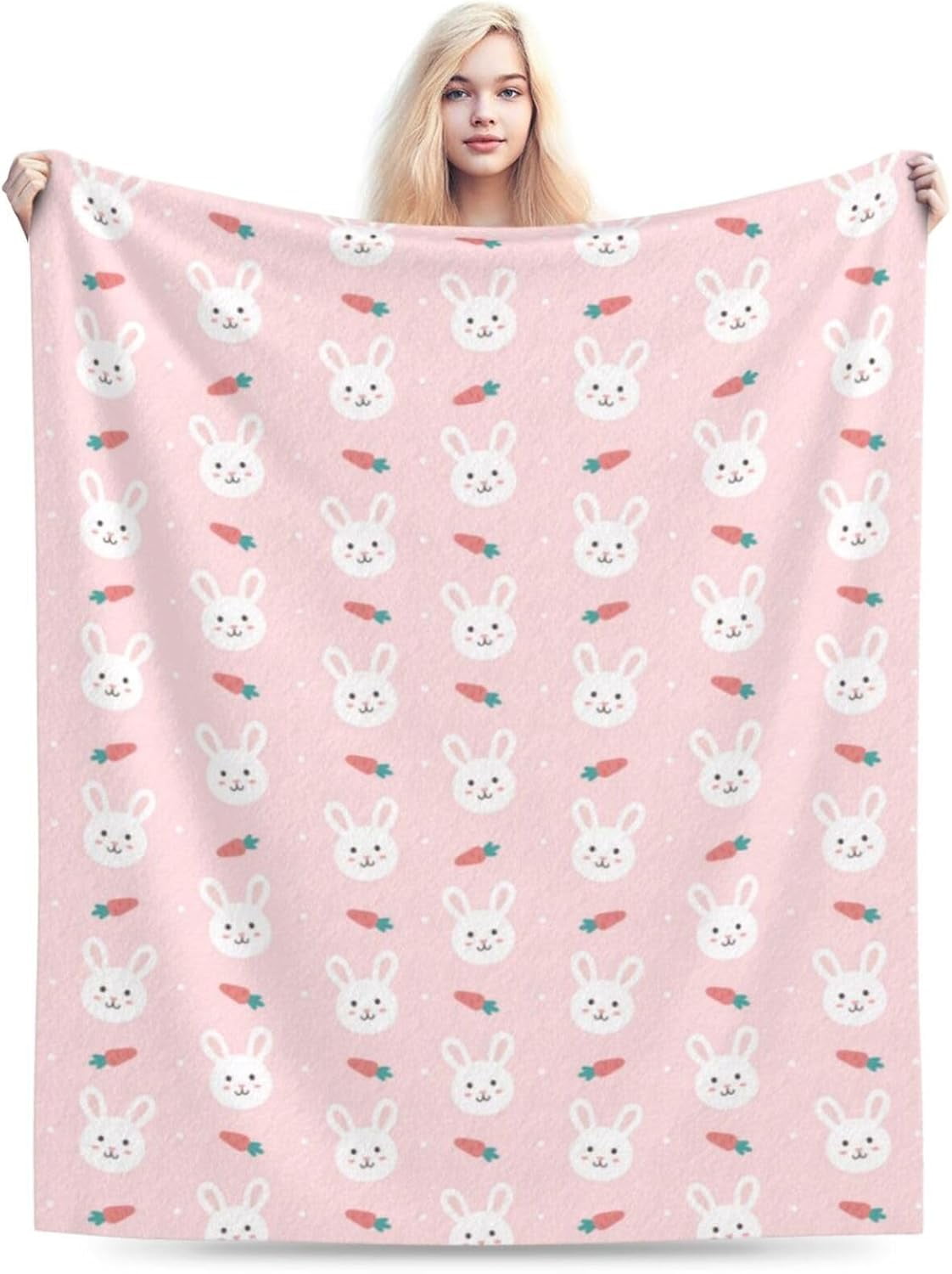 Cute Pink Bunny Floral Blanket, Soft Lightweight Fluffy Bunny Flannel ...