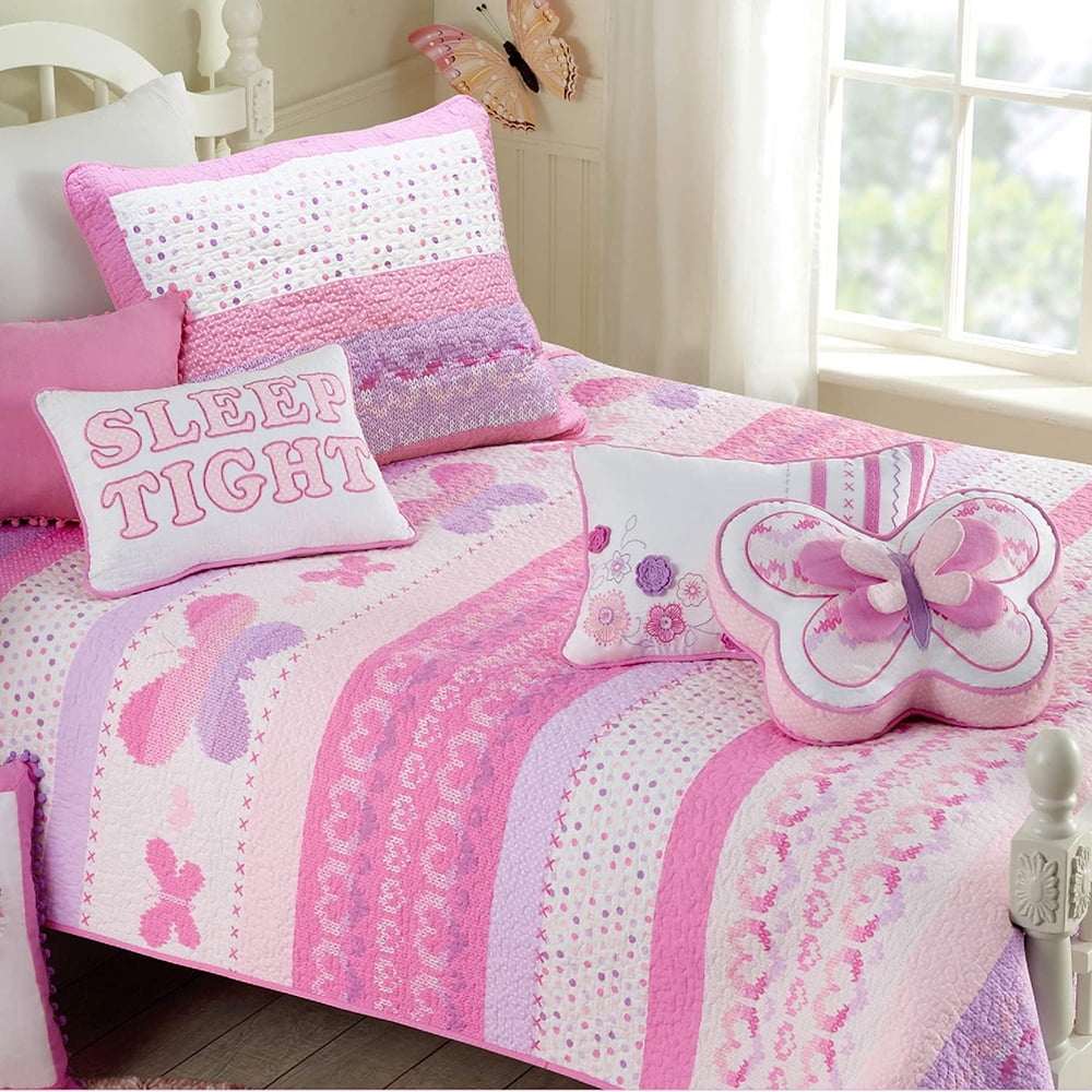 Cute Pink Butterfly Stripe Hearts Cotton Soft Bedding Quilt Set ...