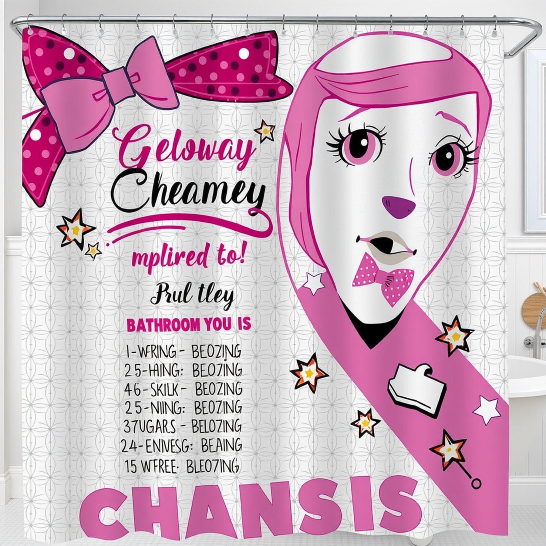 Cute Pink Cartoon Character Shower Curtain with Bow & Bold Text - Fun ...