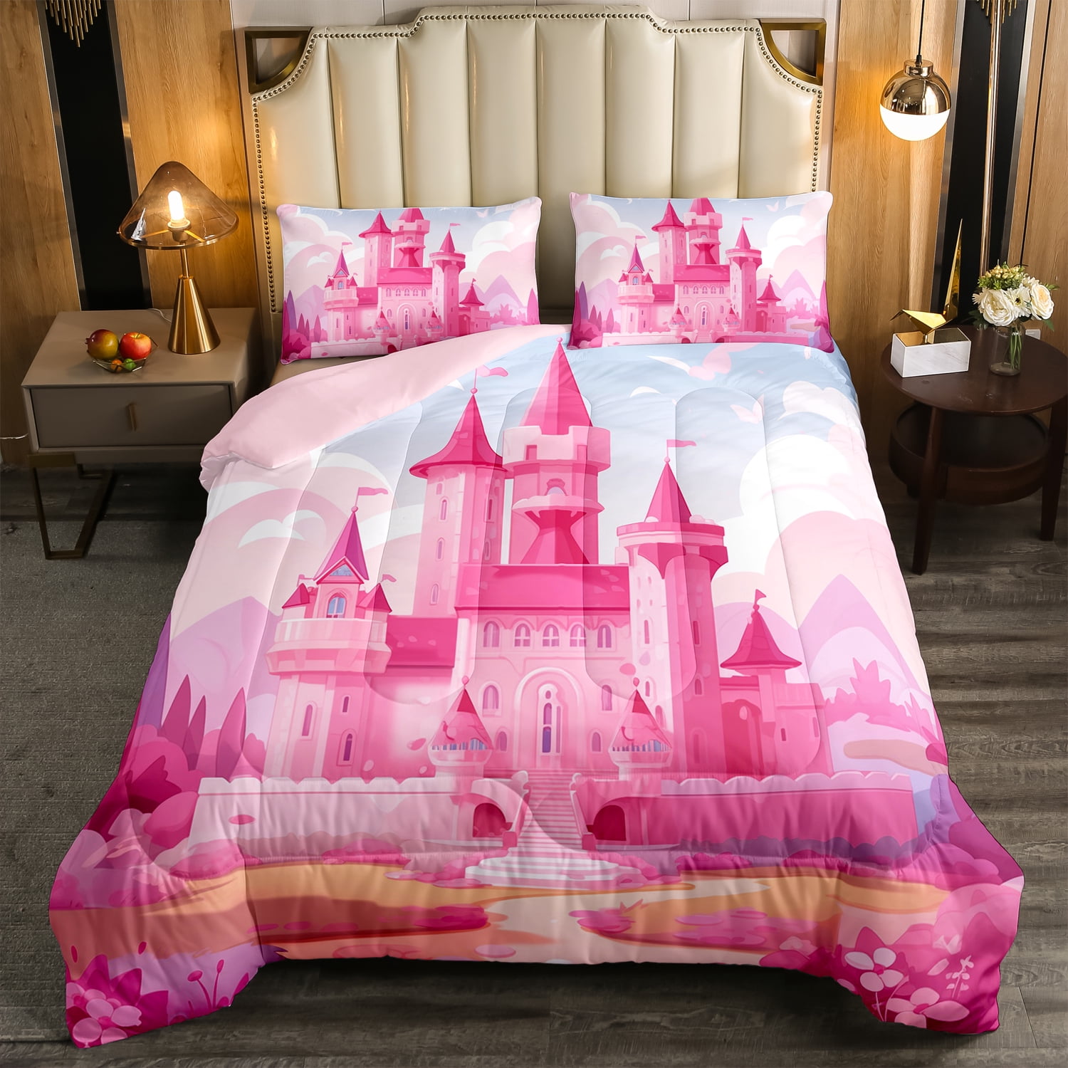 Cute Pink Castle Queen Comforter Set,Pink Princess Kawaii Bedding Set ...