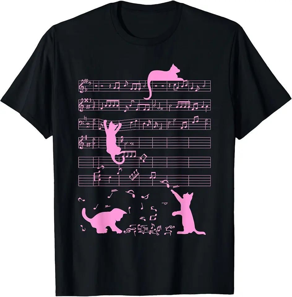 Cute Pink Cat Music Notes Unisex Music Lover Graphic Print Short Sleeve ...
