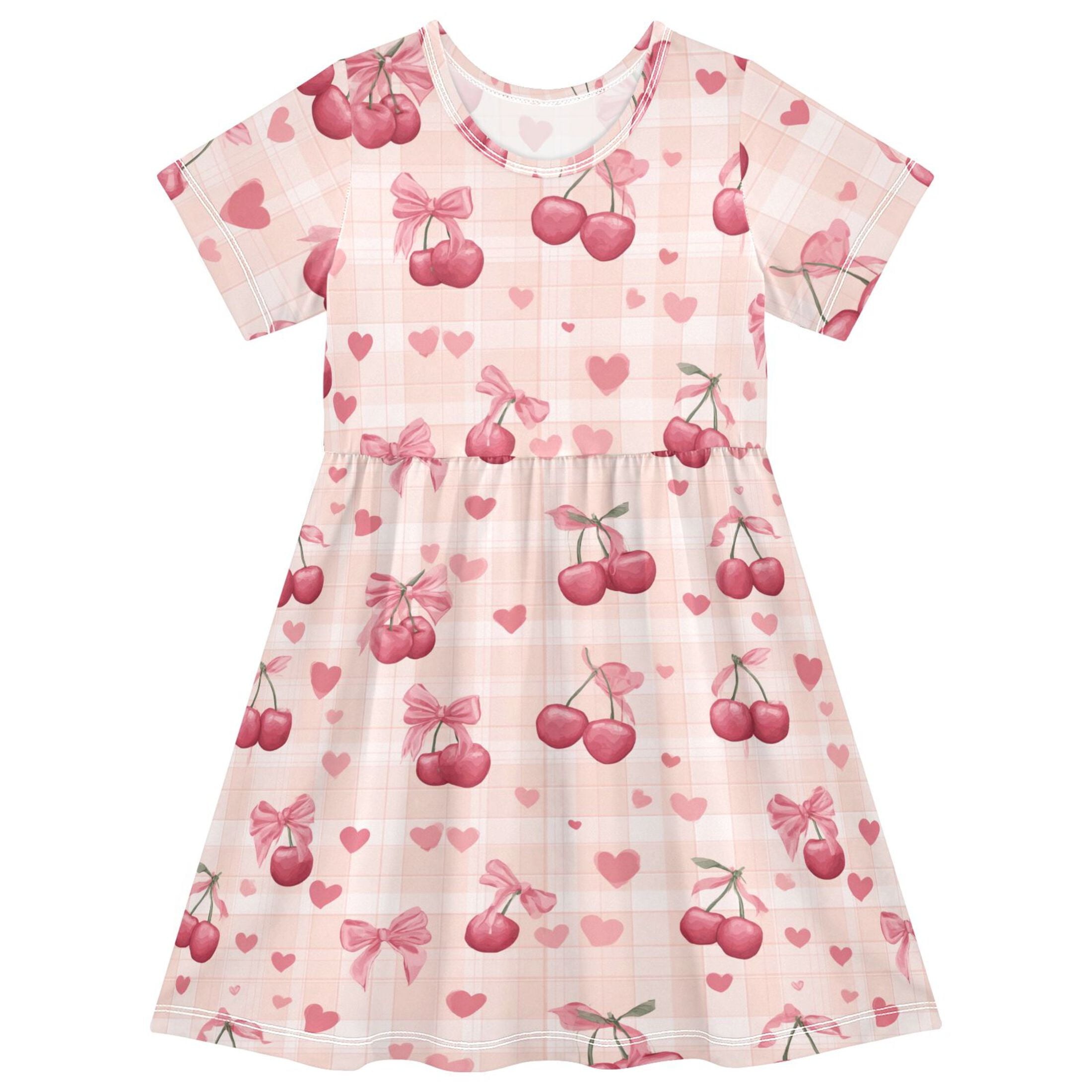 Cute Pink Cherries with Bows Short Sleeve Dress A-Line Cute Midi Casual ...