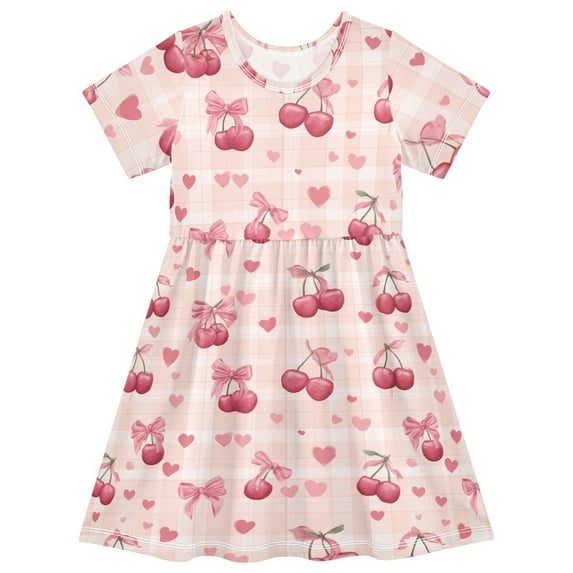 Cute Pink Cherries with Bows Short Sleeve Dress A-Line Cute Midi Casual ...