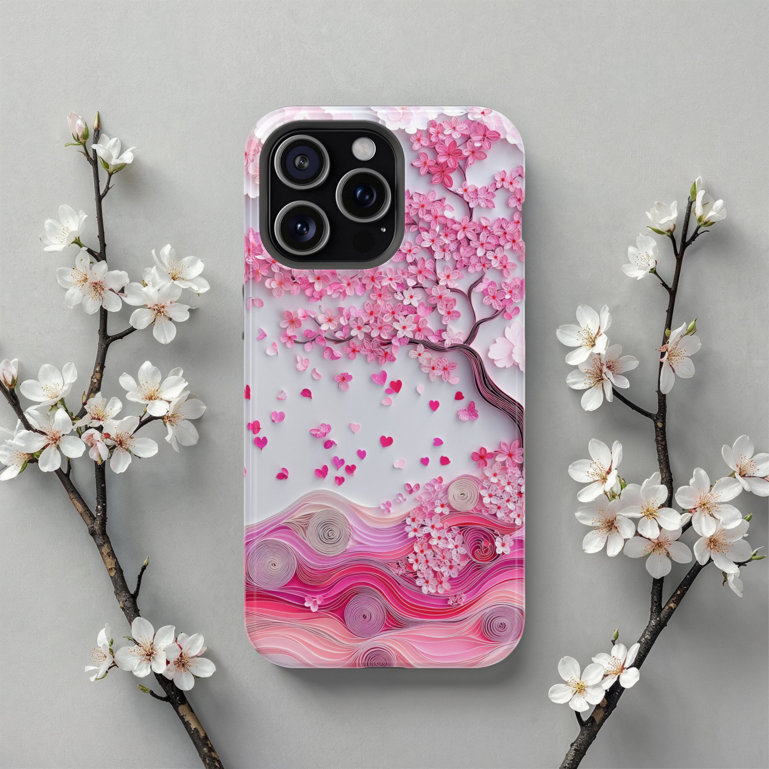 Cute Pink Cherry Blossom 3D Look Phone Case with iPhone 17 to 11 Pro ...