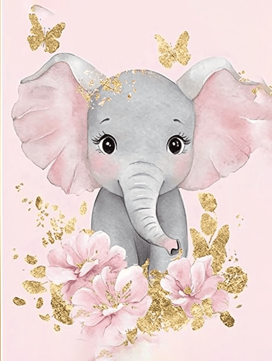 Cute Pink Elephant with Flowers Canvas Wall Art， Perfect for Nursery ...