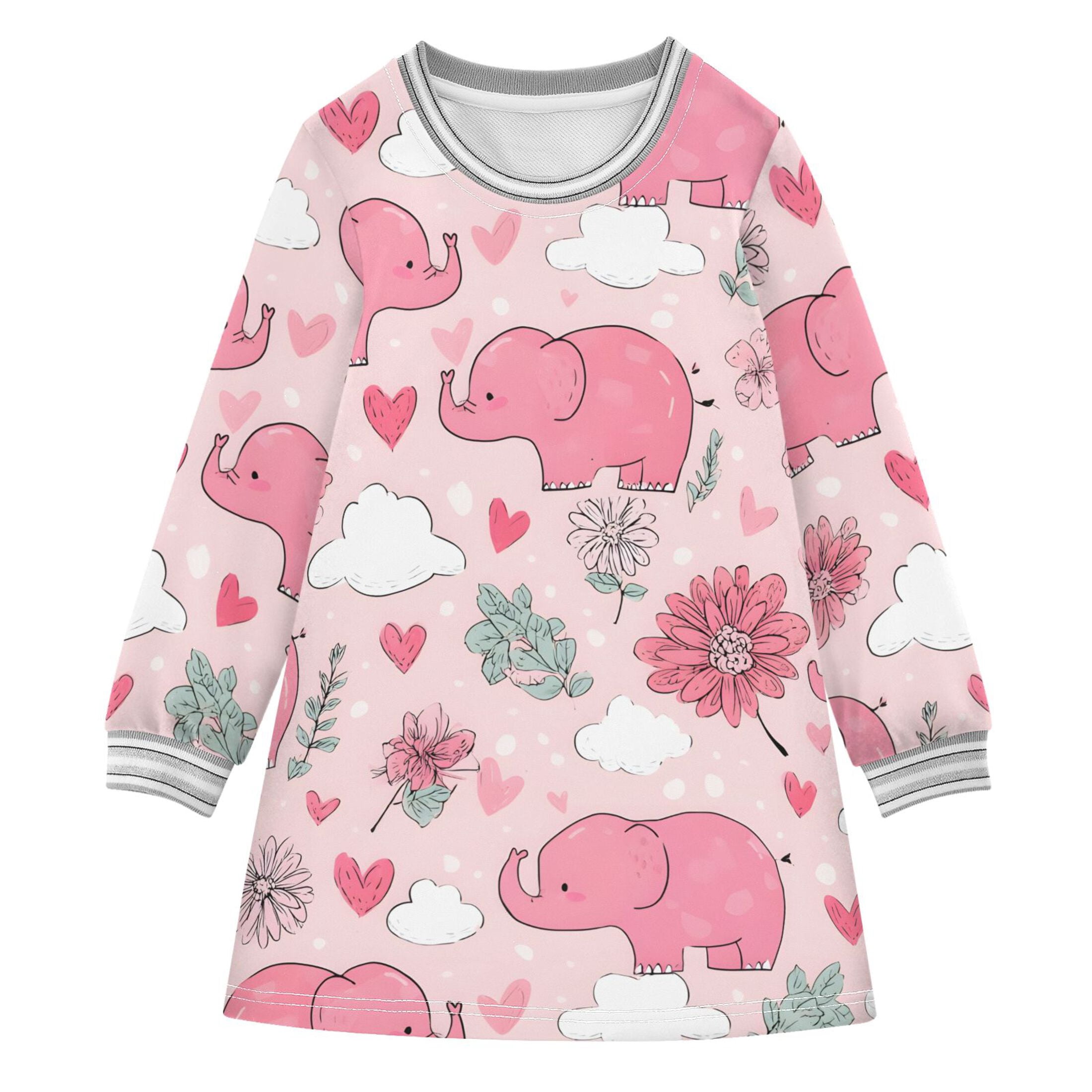 Cute Pink Elephants Pattern Girls'long-sleeved dress Thickened A-dress ...
