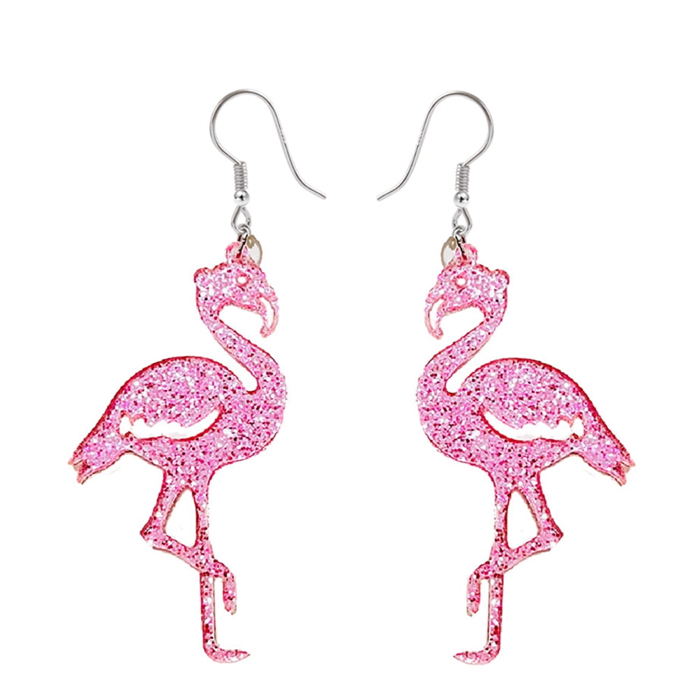 Cute Pink Flamingo Glitter Dangle Drop Earrings for Women Acrylic Bird Animal Hook Statement ...