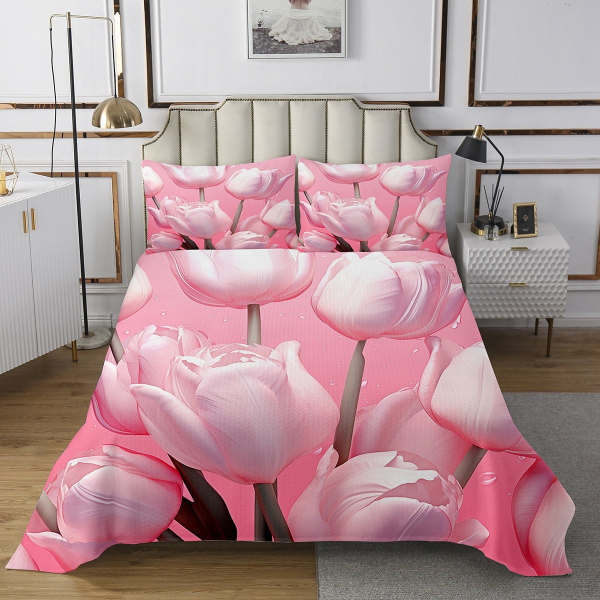 Cute Pink Floral Queen Quilt Set Women,Funky Flower Tulip Girly ...