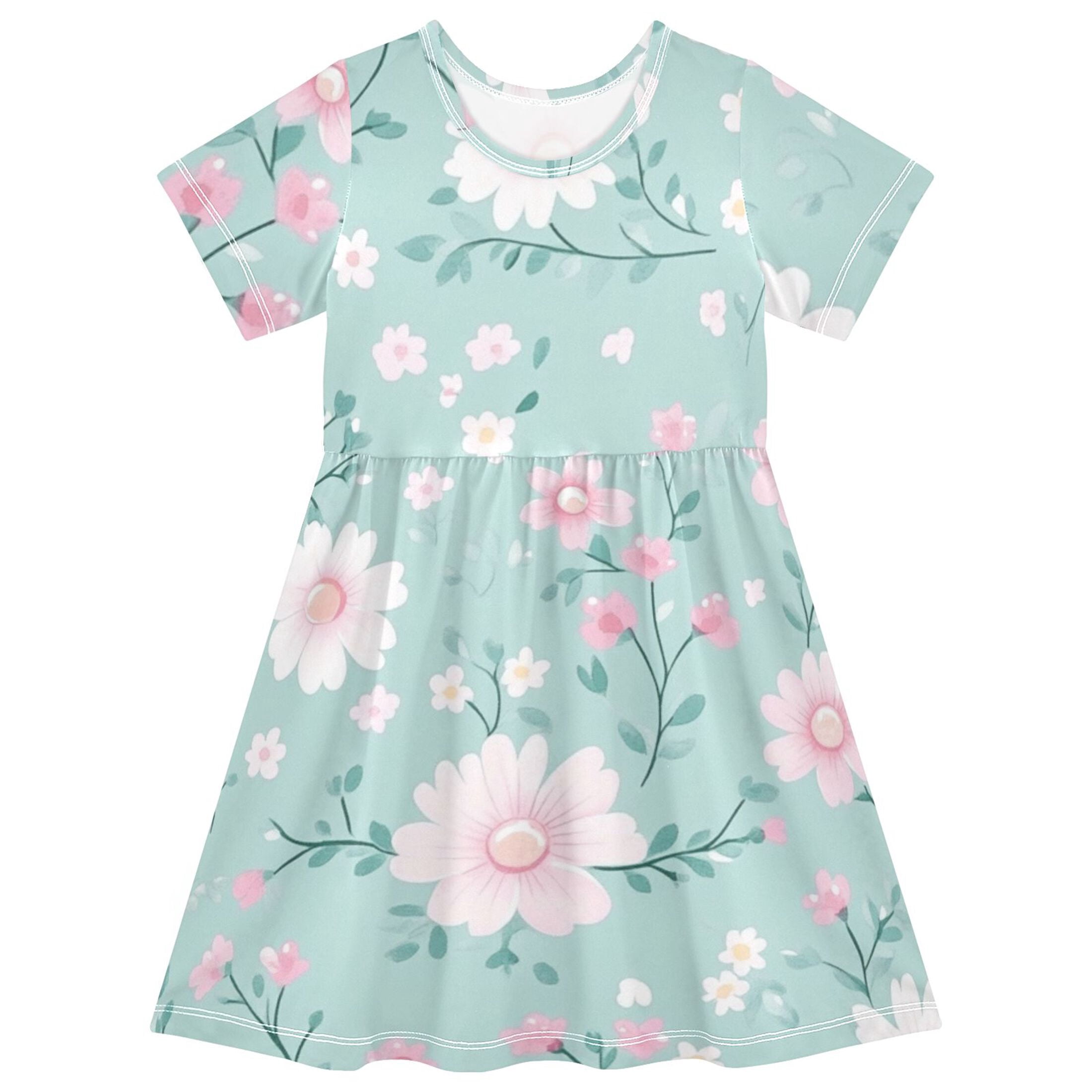 Cute Pink Flowers Leaves Girls' Short Sleeve Dress A-Line One-Piece ...