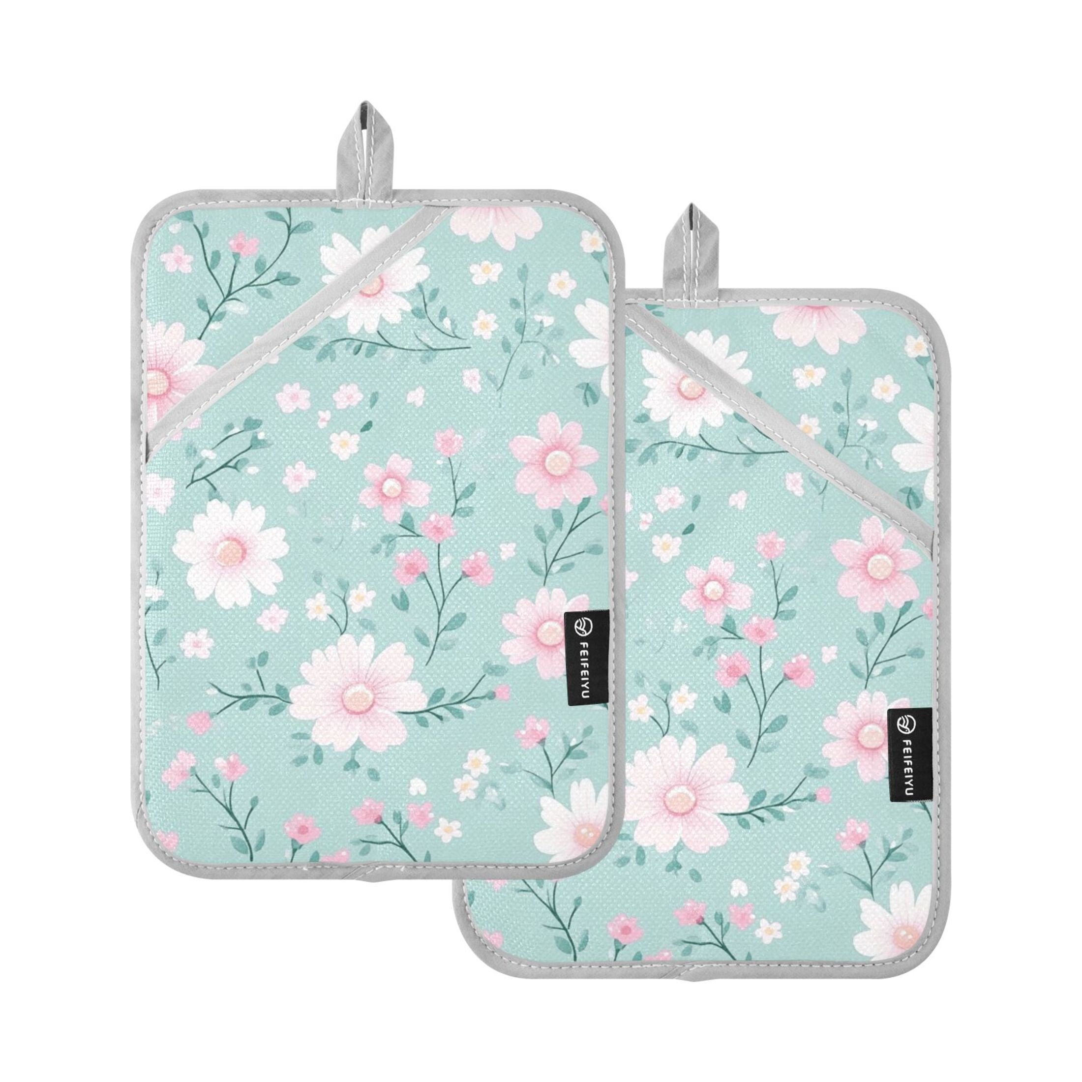 Cute Pink Flowers Leaves Pot Holder Heat Resistant Mat Oven Hot Pads ...