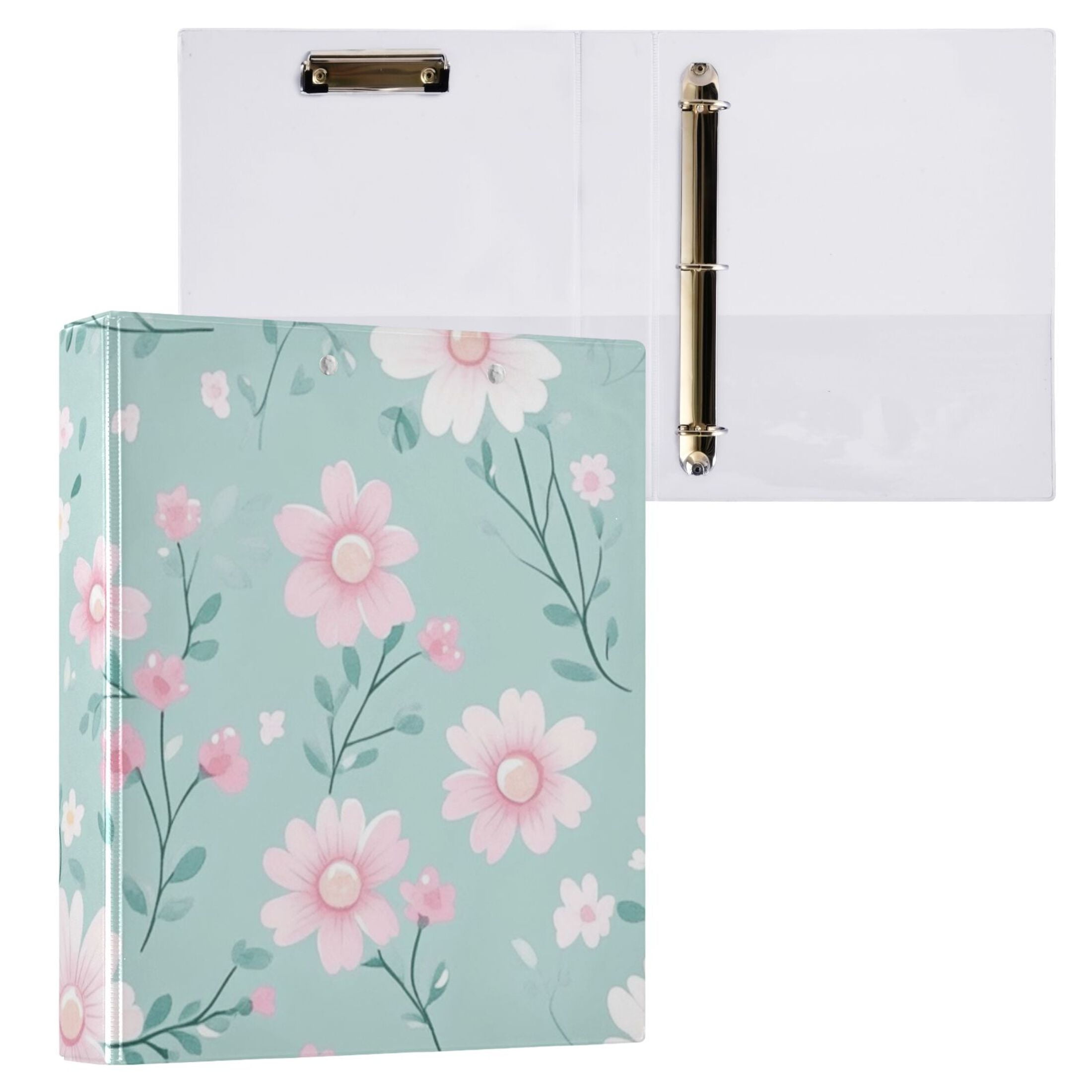 Cute Pink Flowers Leaves Round Ring Binder 3 Rings 1.5" Capacity File ...