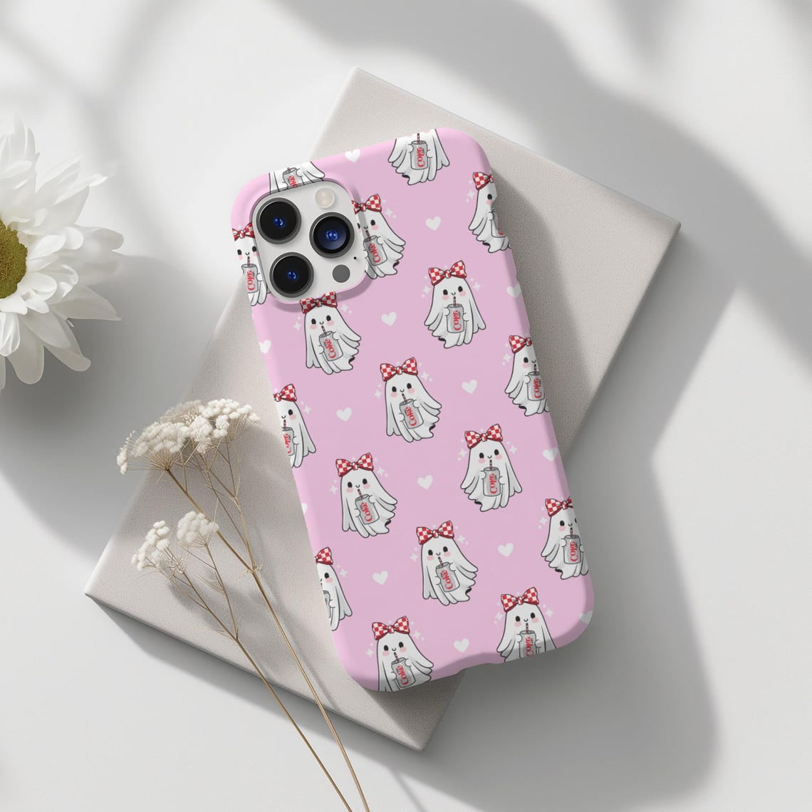 Cute Pink Ghost With Soda Bows And Hearts Halloween Aesthetic Phone ...