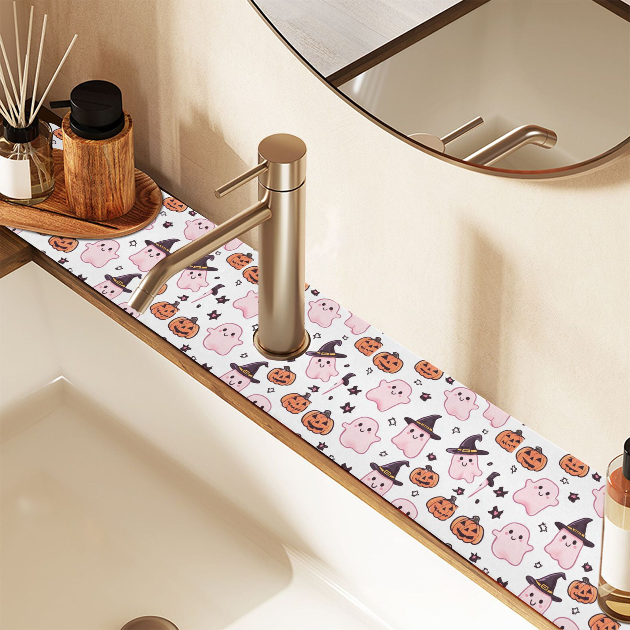 Cute Pink Ghost and Pumpkin Faucet Mat for Kitchen Sink 30'' Sink ...