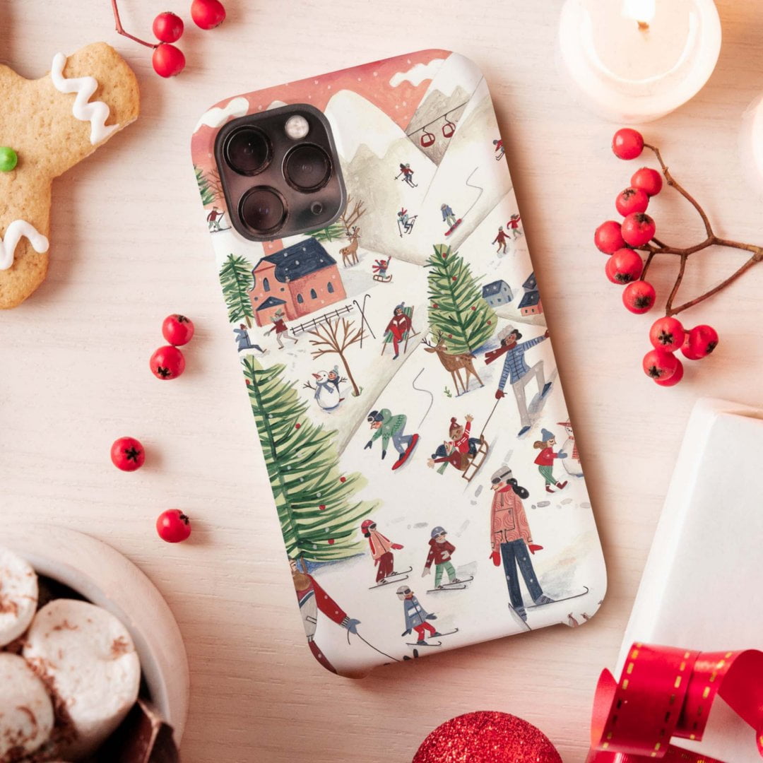 Cute Pink Green Alpine Lodge Ski Landscape iPhone Case – Cozy Winter ...