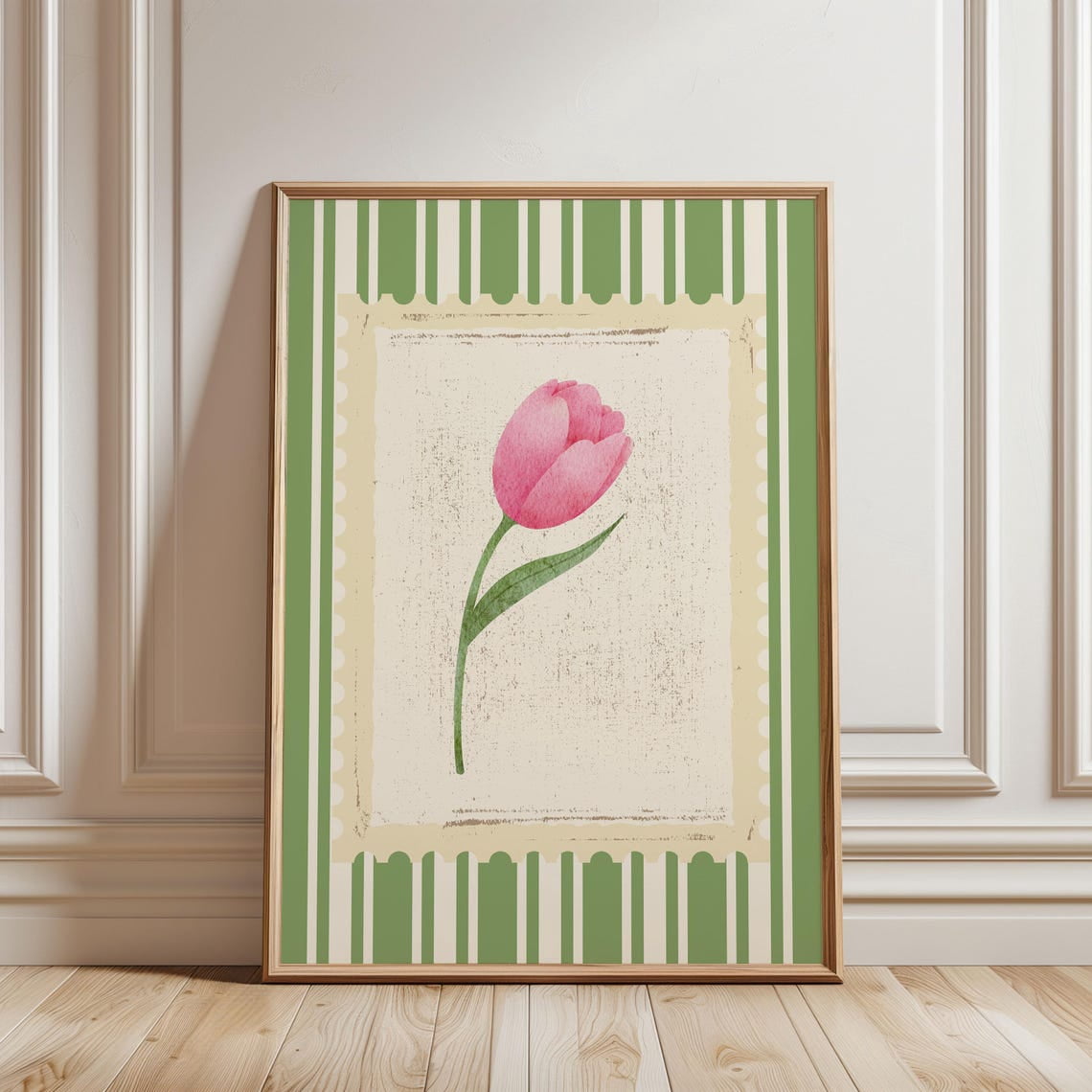 Cute Pink Green Flower Tulips Nursery Wall Art, Drawn Botanical Tulips ...
