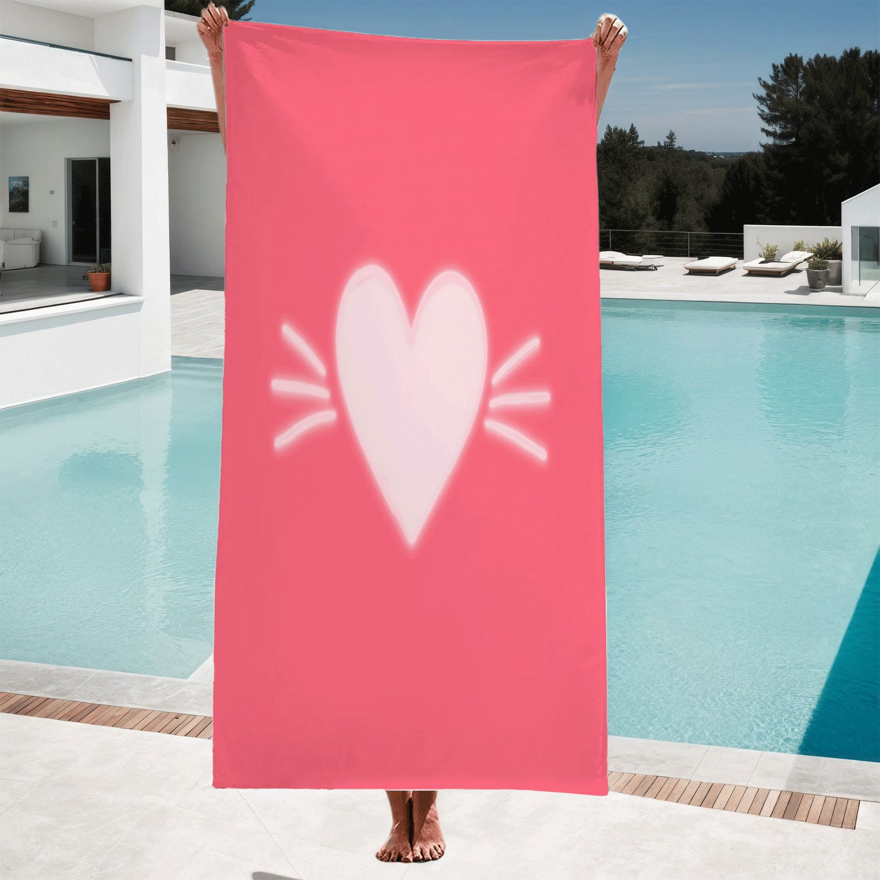 Cute Pink Heart Beach Towel - Playful Cartoon Design with Whiskers ...
