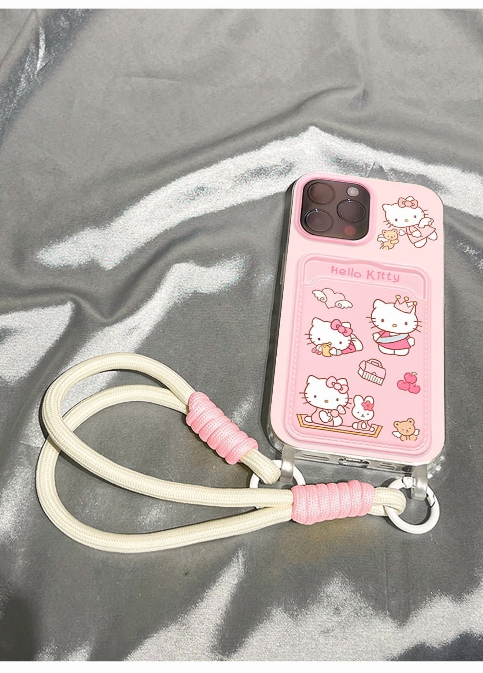 Cute Pink KT Phone Case with Card Holder and Lanyard for iPhone 17 ProMax/17 Pro/17 Air/iPhone16 ...