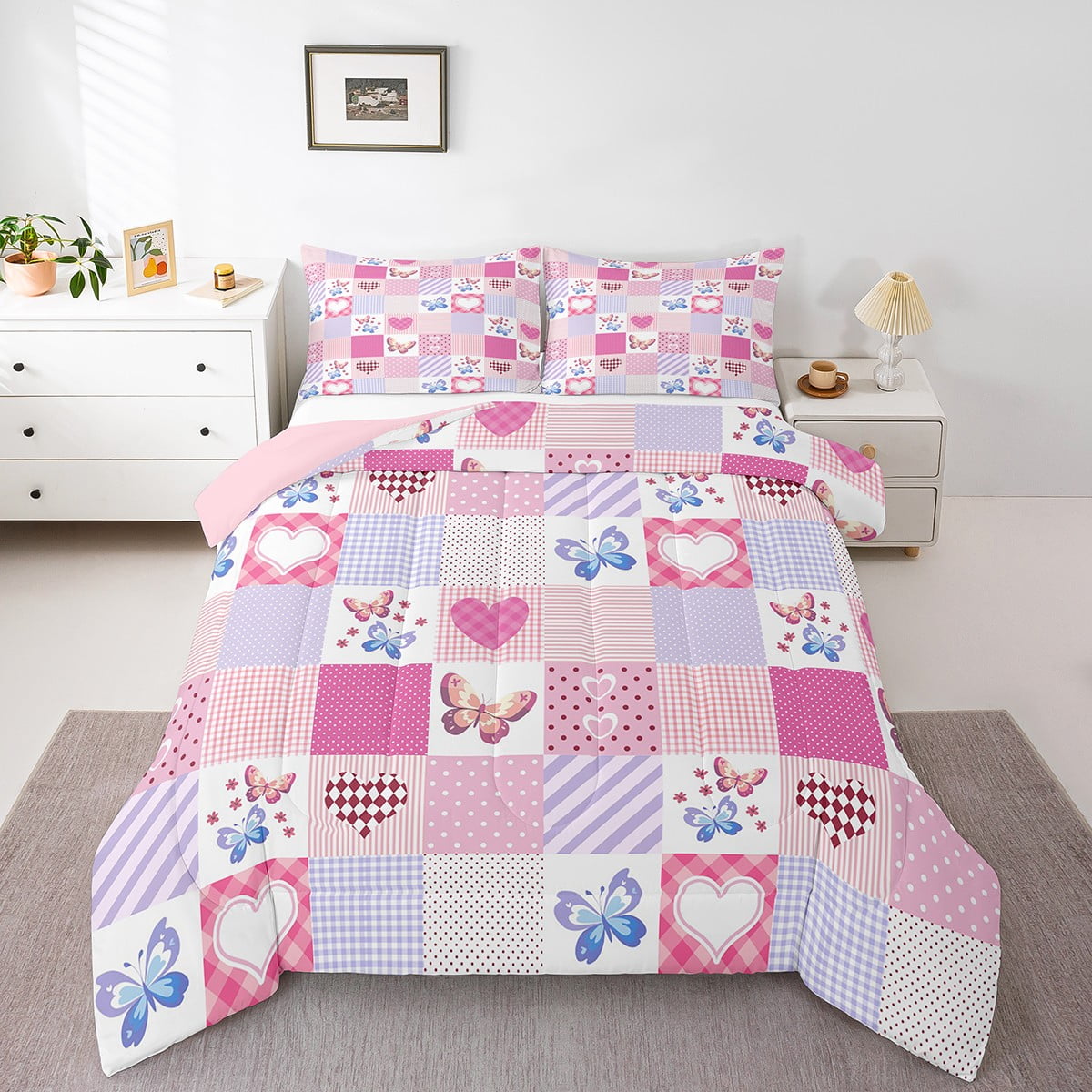 Cute Pink King Bedding Sets,Love Heart Pattern Comforter Set Teenage ...