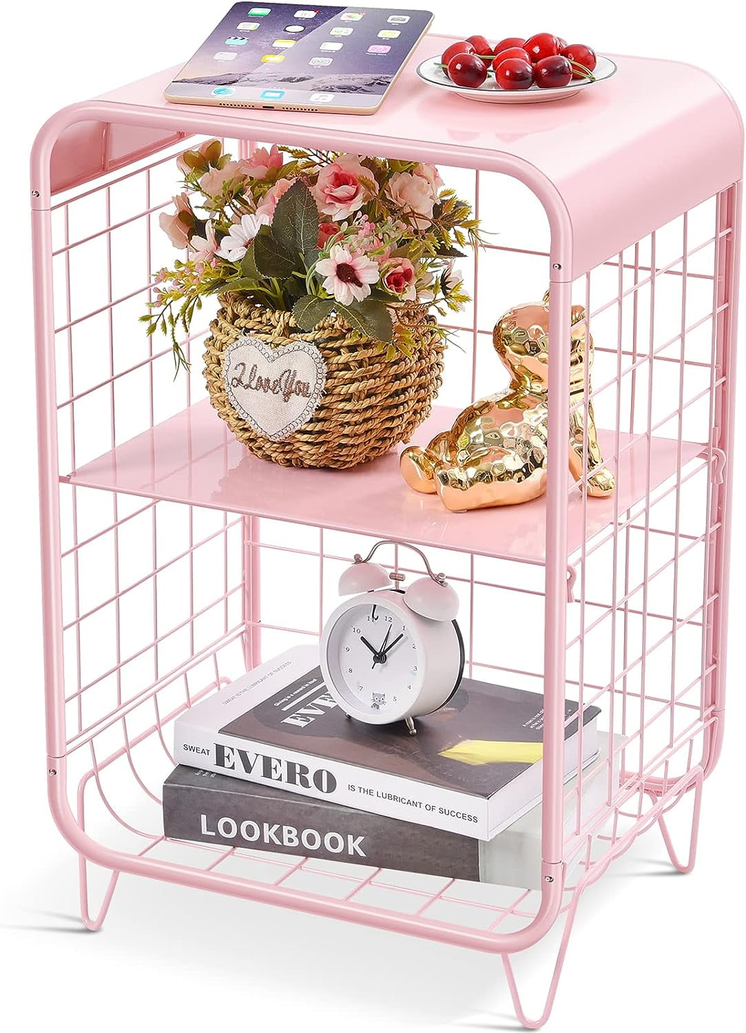 Cute Pink Nightstand,Metal Side Table,3 Tier End Table with Storage ...