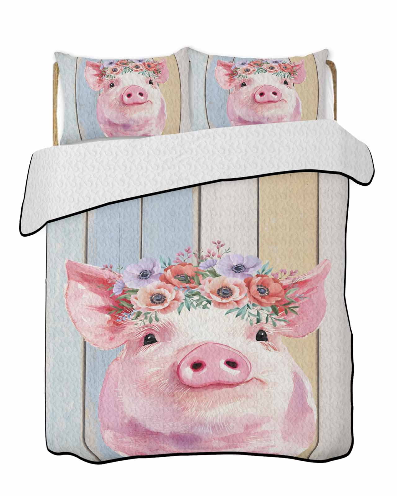 Cute Pink Pig 3 Pieces Quilt Set, 1 Quilt with 2 Shams, Red Purple ...