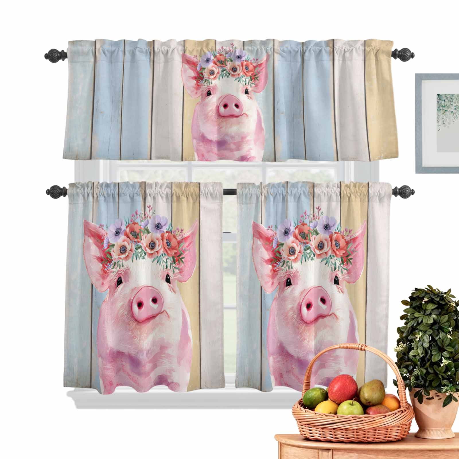 Cute Pink Pig Kitchen Curtains Valances 3 Piece Set, Red Purple Flower ...