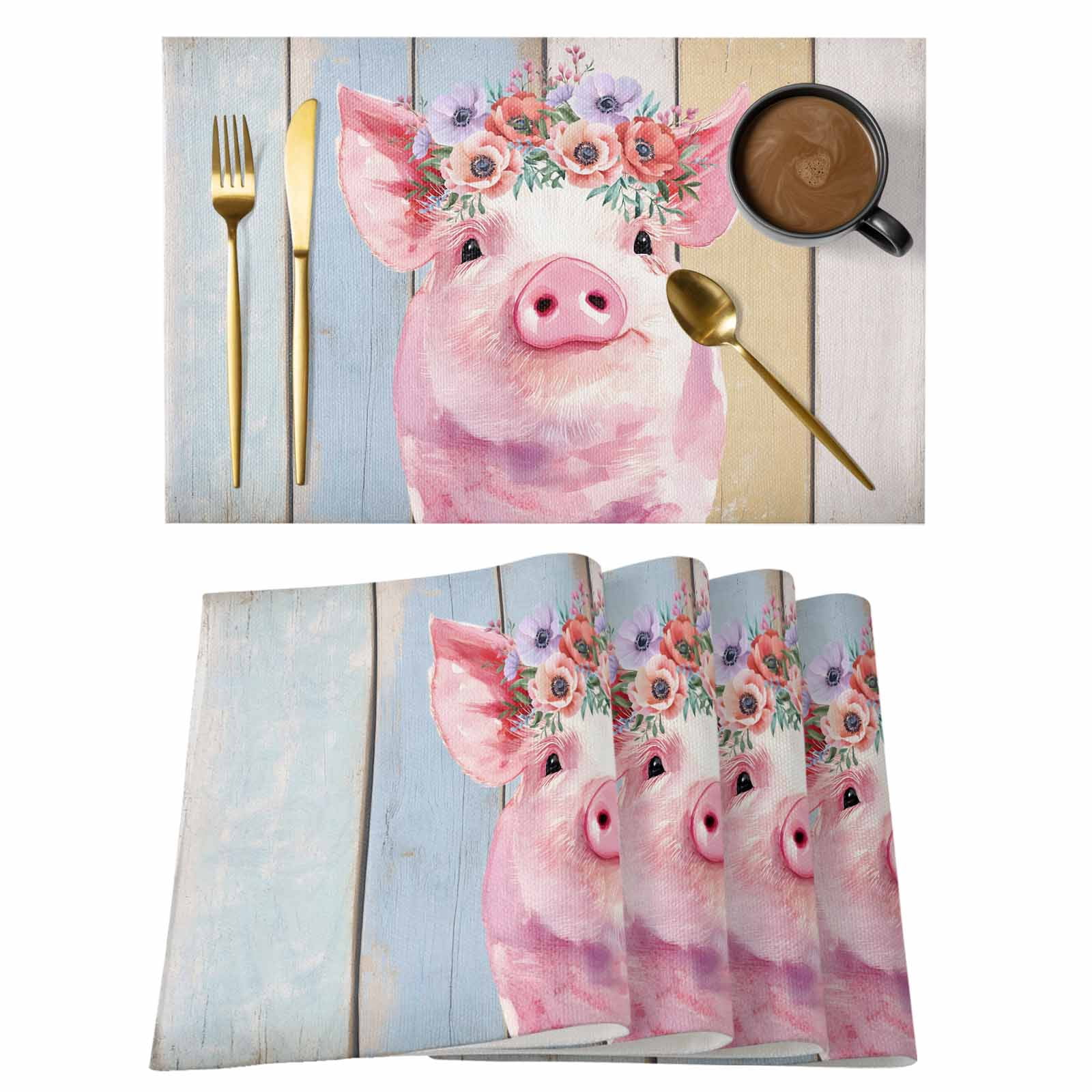 Cute Pink Pig Placemats Set of 1 Red Purple Flower Wooden Stripes Farms ...