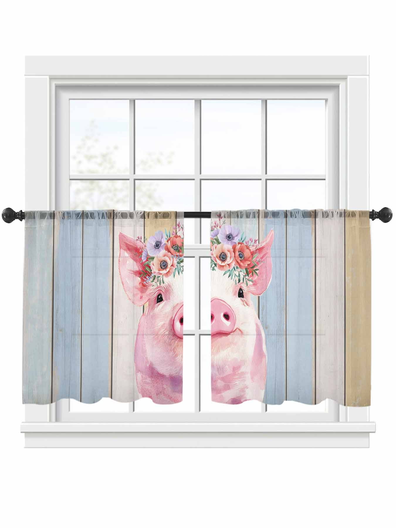 Cute Pink Pig Sheer Curtains 2 Panels Set Red Purple Flower Wooden ...