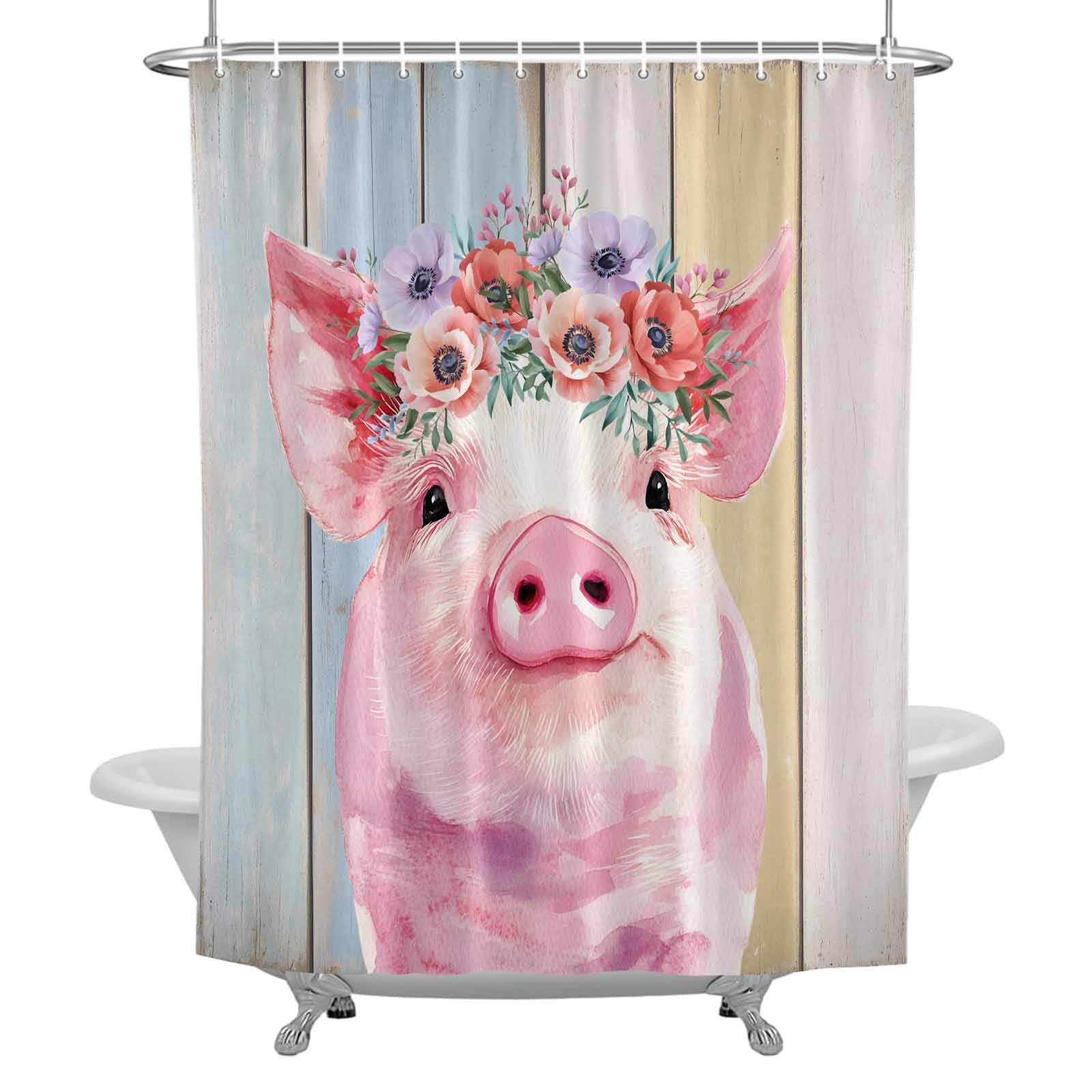 Cute Pink Pig Shower Curtain for Bathroom, Red Purple Flower Wooden ...