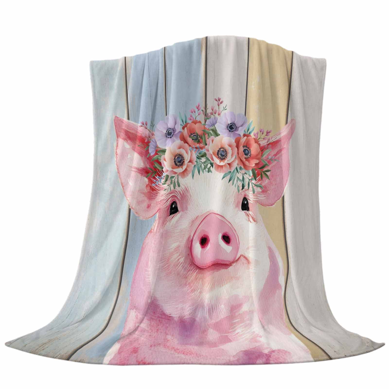 Cute Pink Pig Throw Flannel Blanket Red Purple Flower Wooden Stripes ...