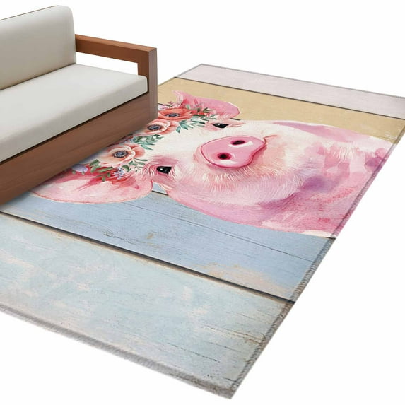 Cute Pink Pig Washable Area Rug 4 x 6 ft Red Purple Flower Wooden ...