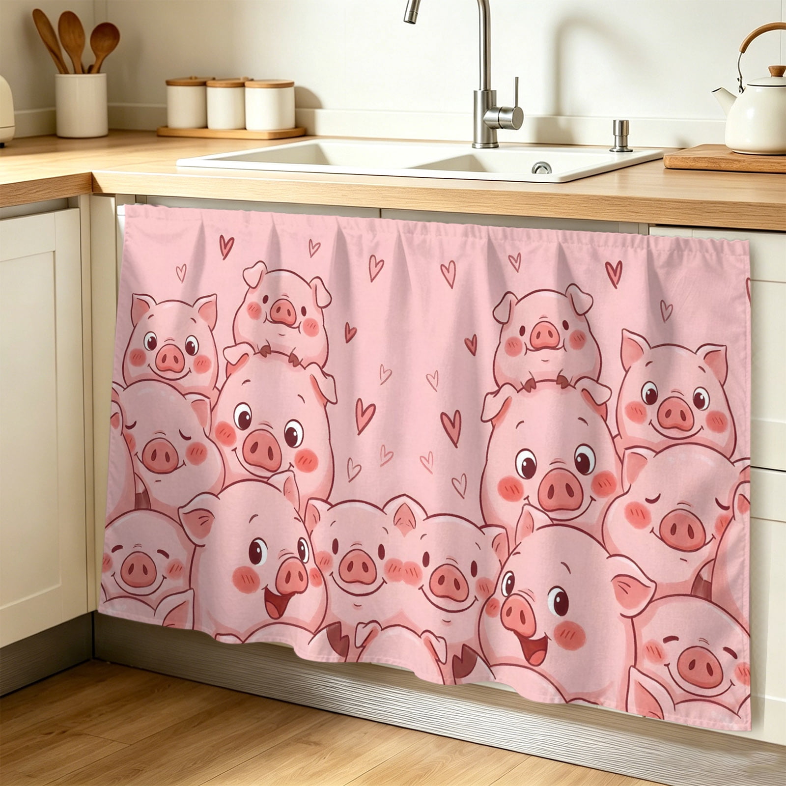 Cute Pink Pigs Cabinet Curtain 28"W x 51"L, Animals Cartoon Love Heart ...