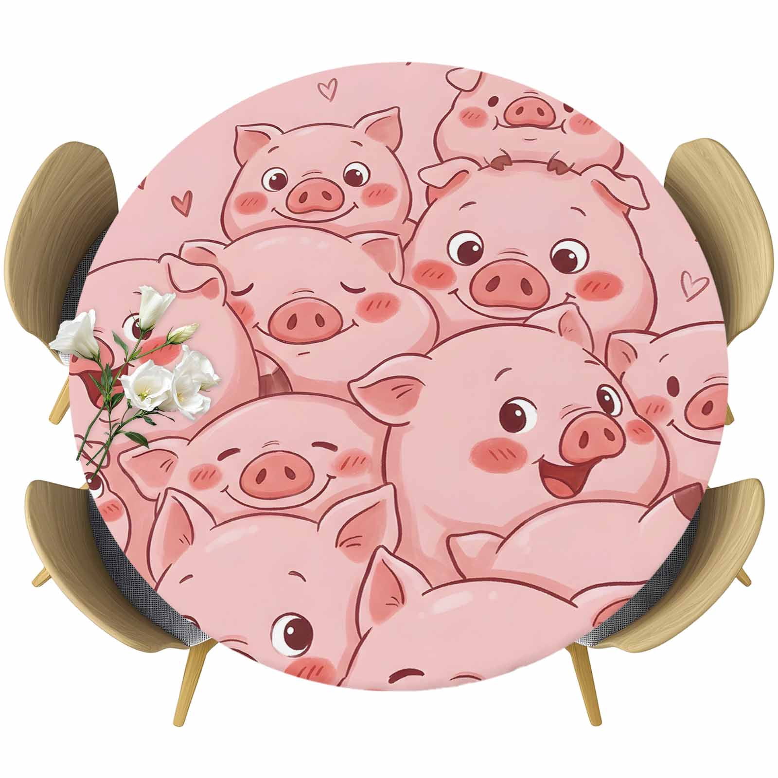 Cute Pink Pigs Round Tablecloth 55-60 Inch Round Fitted Table Cloth ...