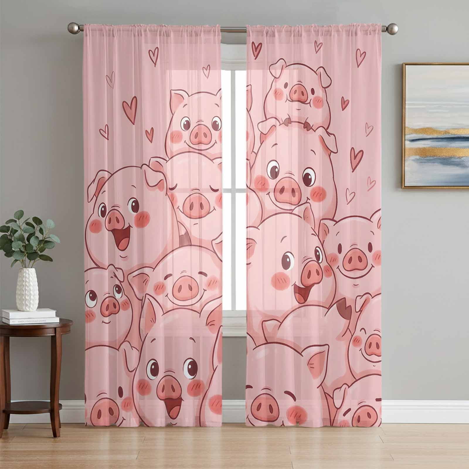 Cute Pink Pigs Sheer Curtains for Living Room Bedroom Animals Cartoon ...