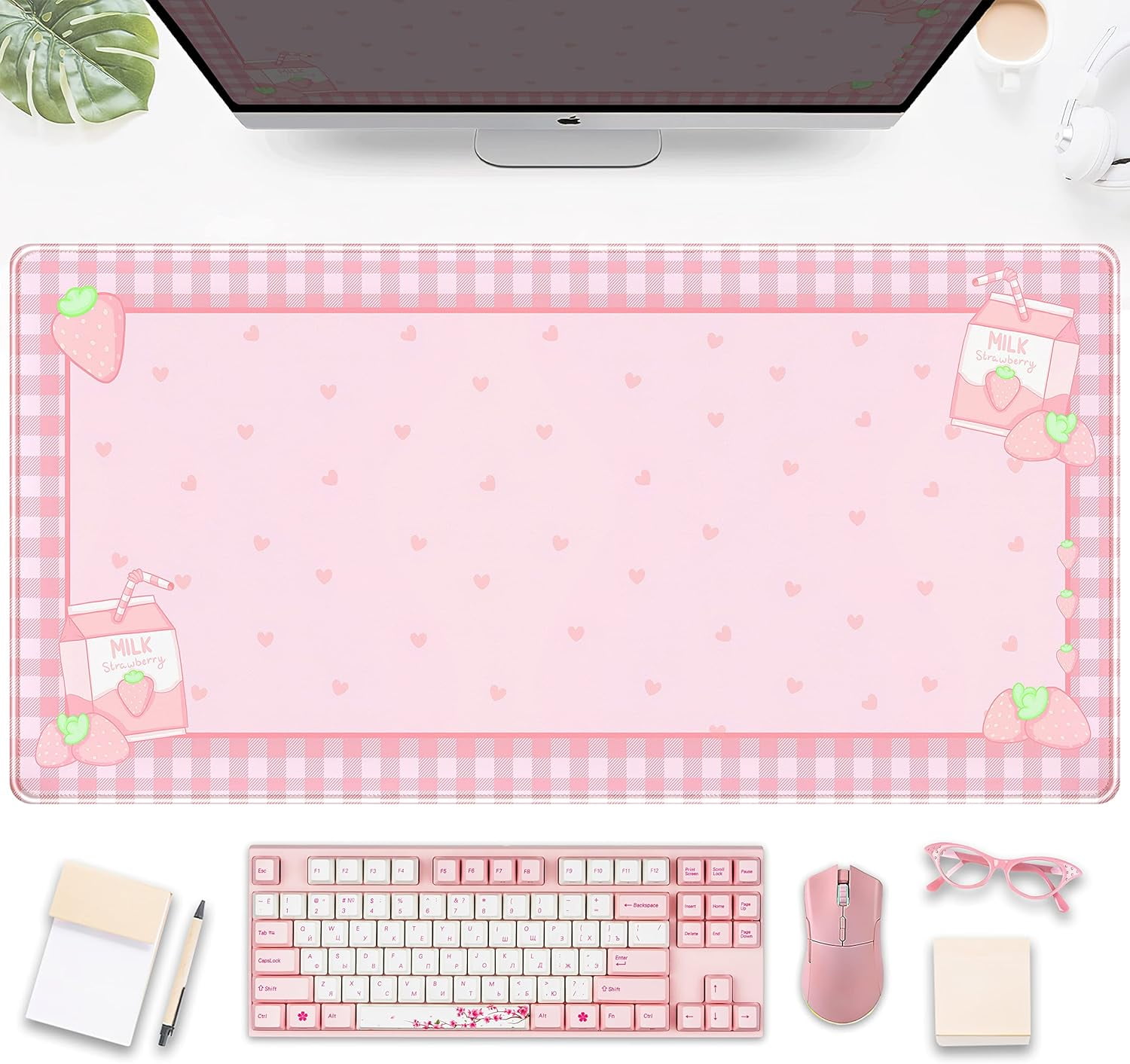 Cute Pink Plaid Desk Mats Strawberry Milk Gaming Desk Pad, Kawaii ...