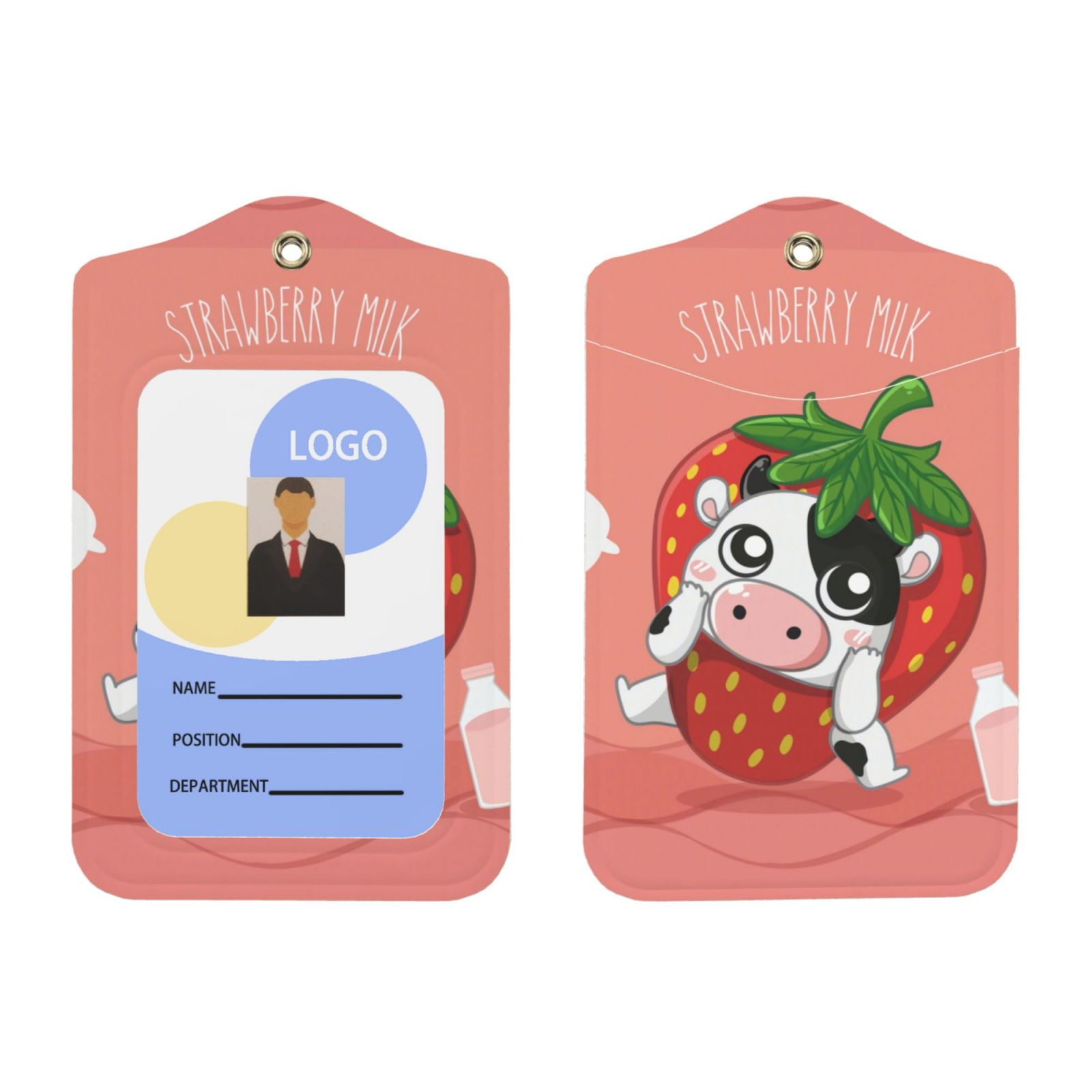 Cute Pink Strawberry Cow Id Card Badge Leather Holder Case Protector ...