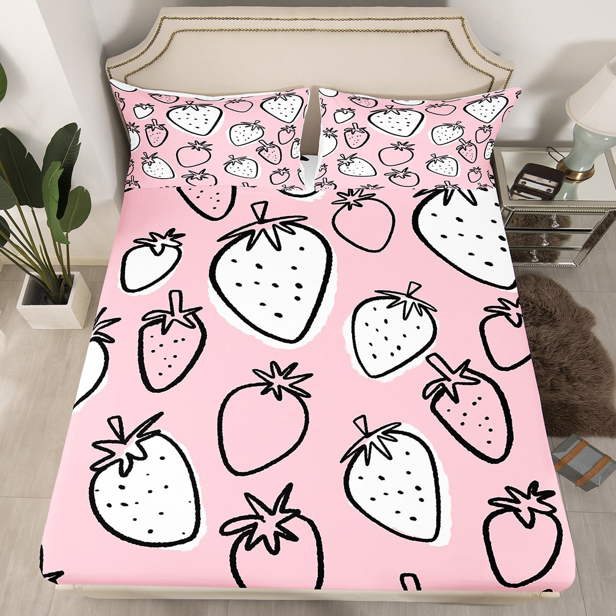 Cute Pink Strawberry Fitted Sheet Full Size,Cartoon Sweet Fruits ...