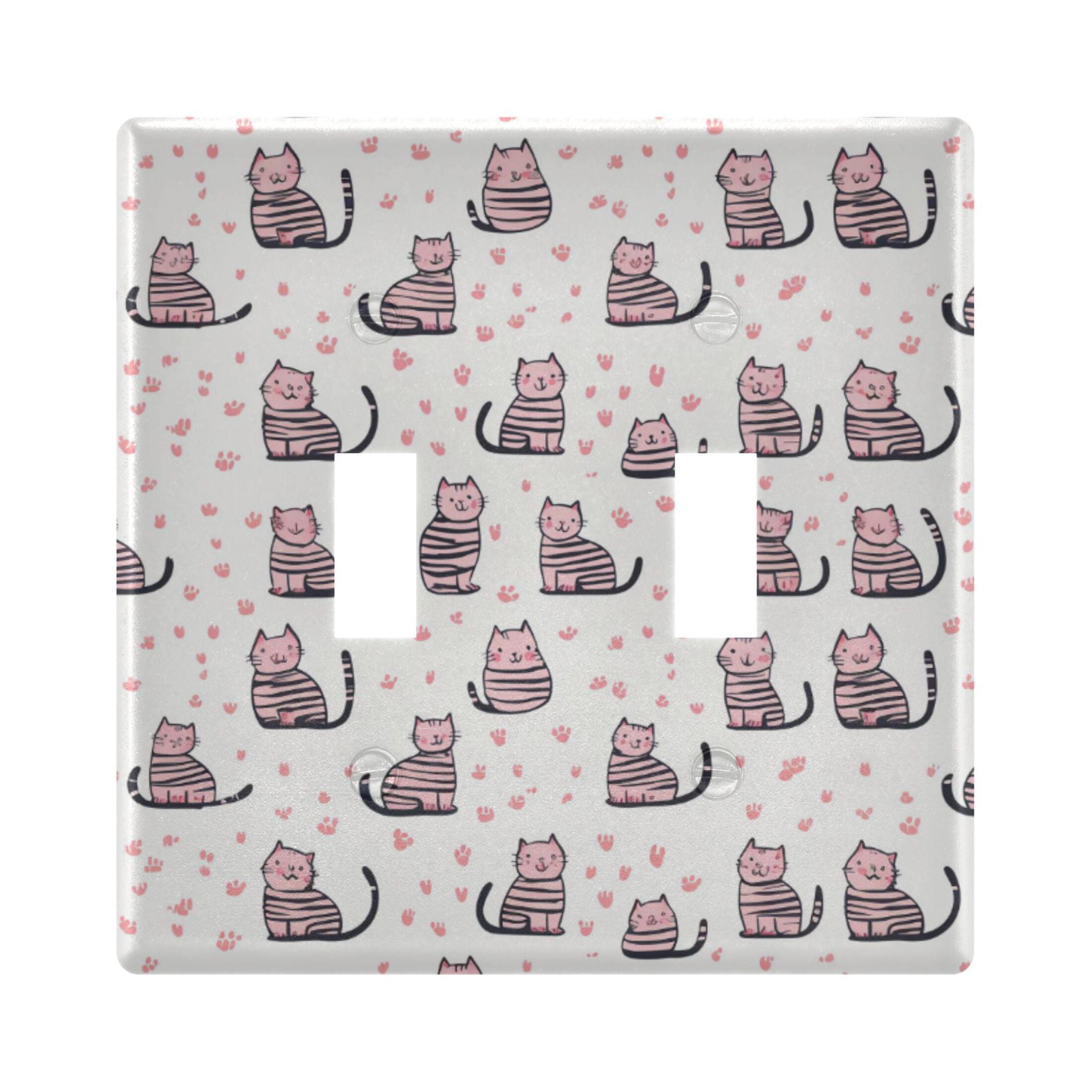 Cute Pink Striped Cat Light Switch Cover Decorative 2 Gang Wall Plate ...
