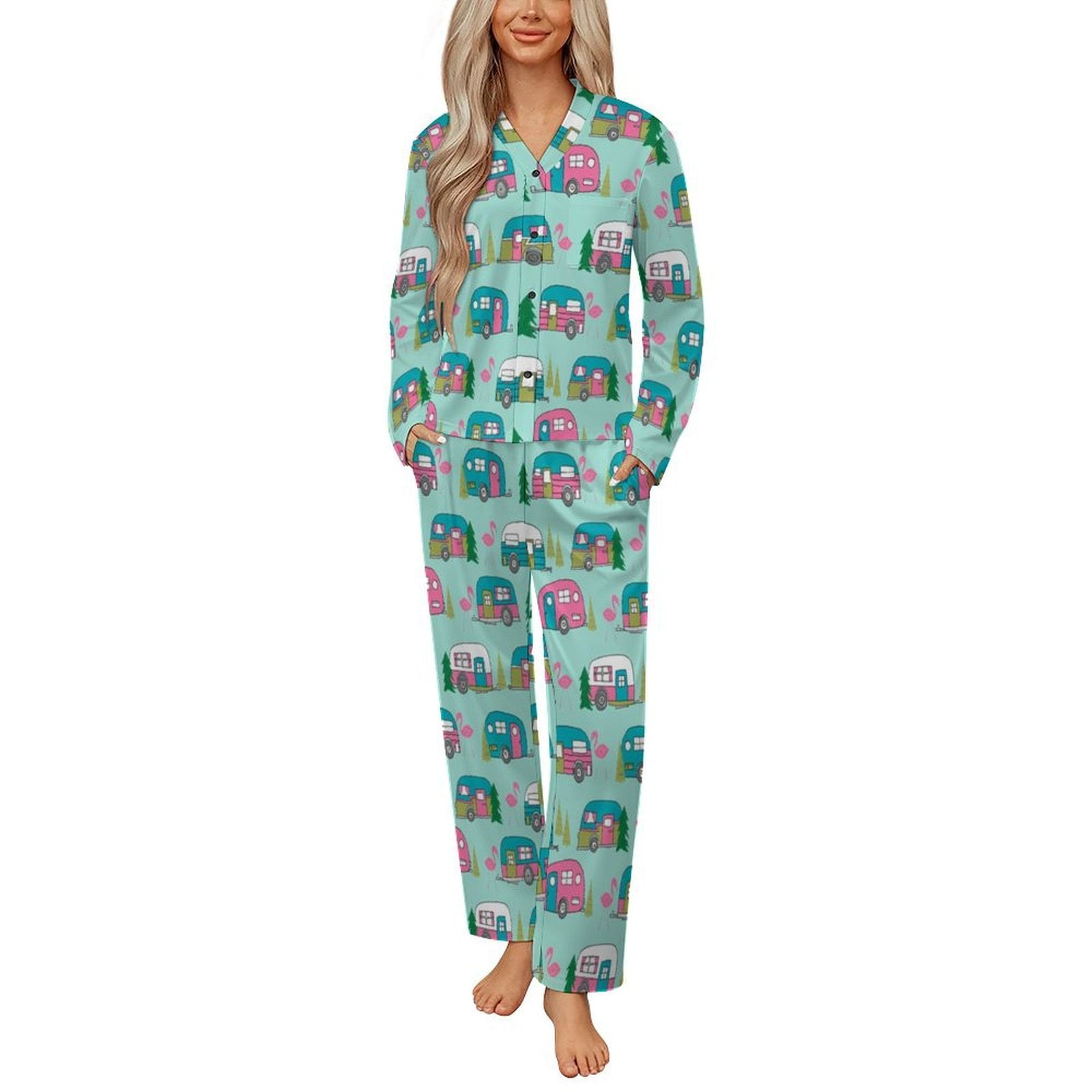 Cute Pink And White Flamingo Retro Road Trip Womens Pyjamas Set Button ...