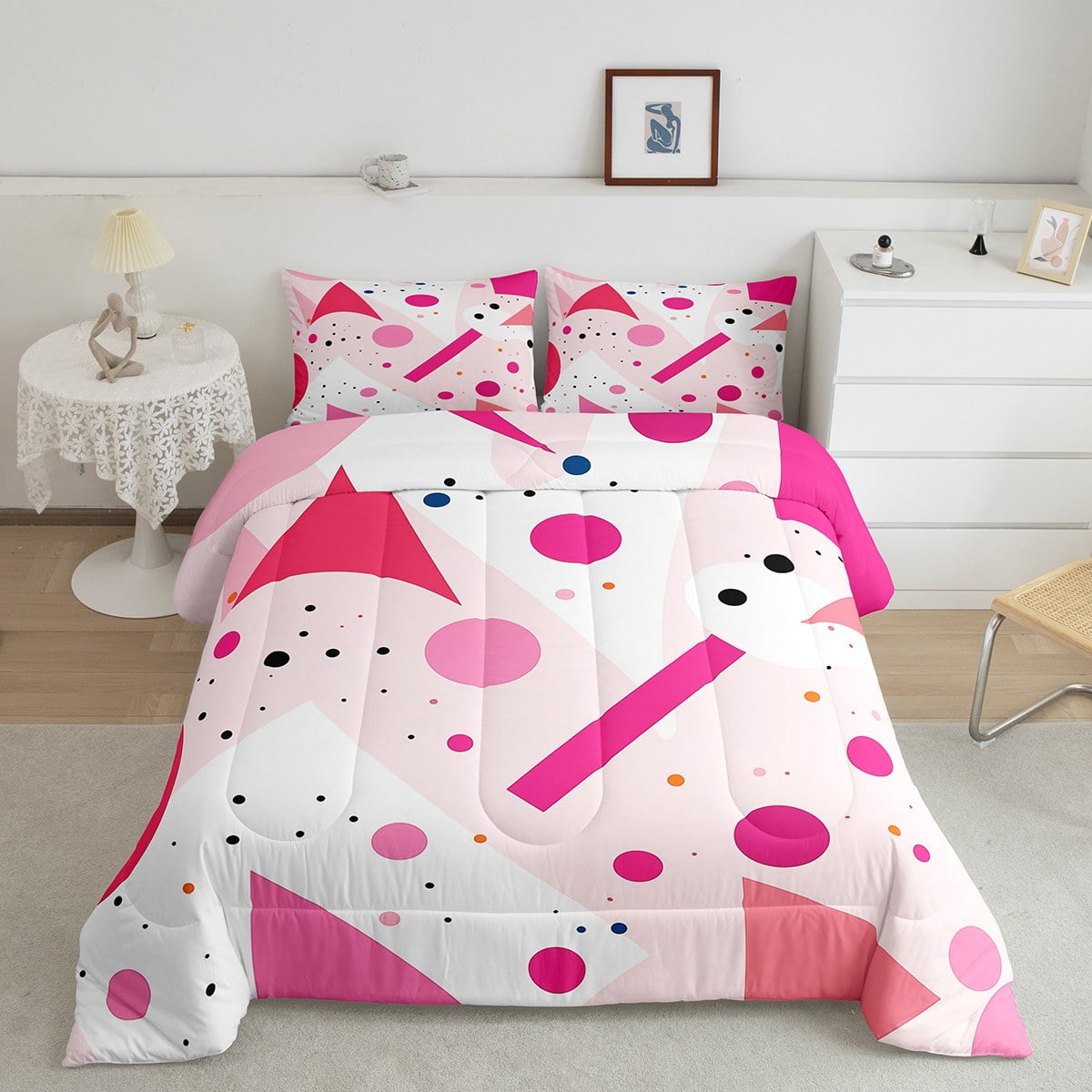 Cute Pink and White Bedding Set,Abstract Geometric Comforter Set Room ...