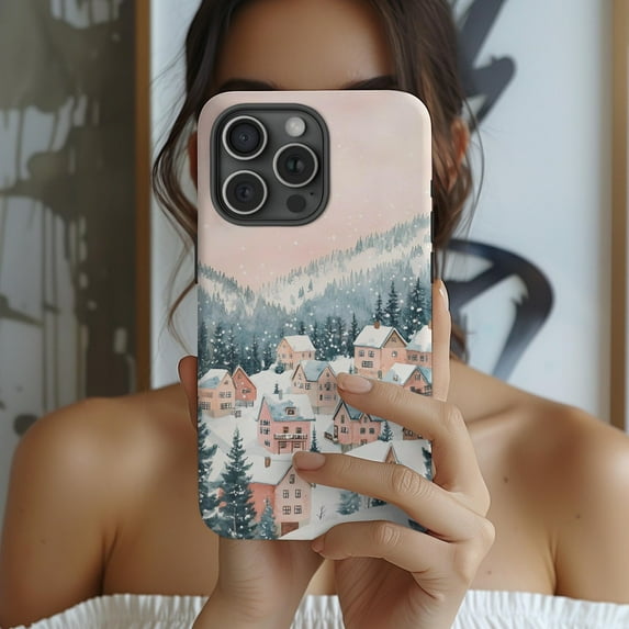 Cute Pink Winter Snow Mountain Town Phone Case with iPhone 17 to 11 Pro ...