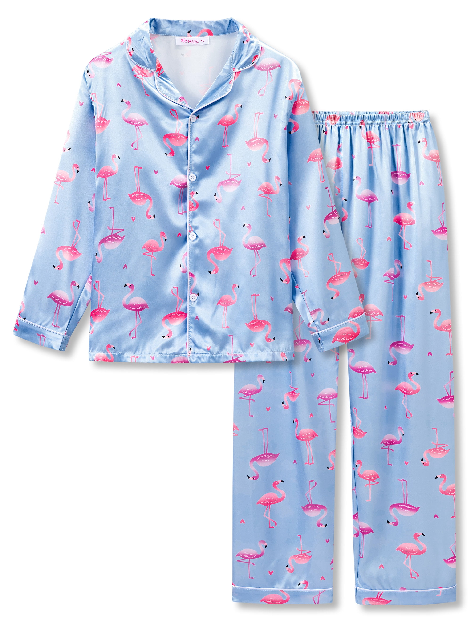 Cute Pink and Purple Flamingo Pajama Set for Girls – Satin Silky Long ...