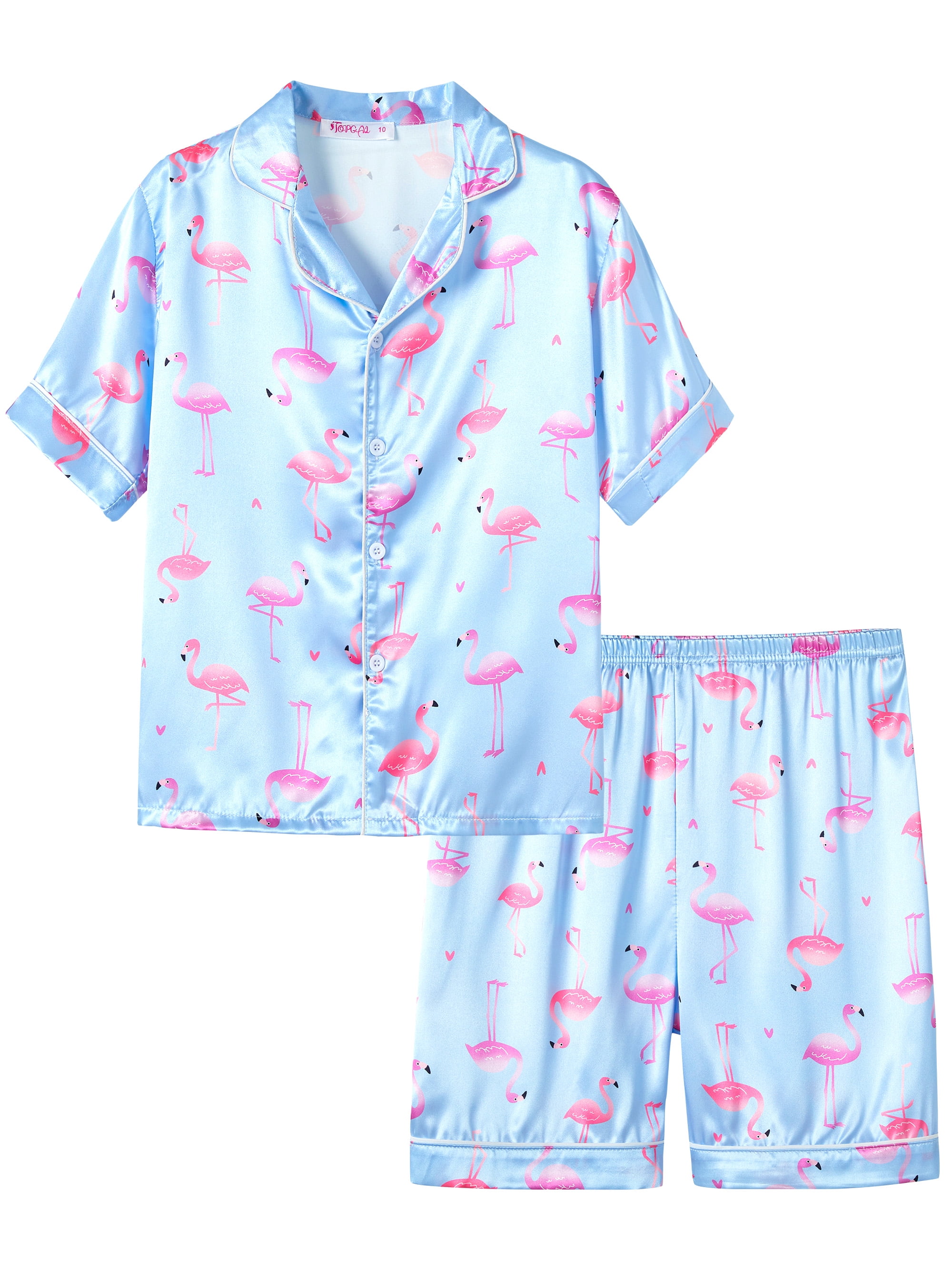 Cute Pink and Purple Flamingo Pajama Set for Girls – Satin Silky Short ...
