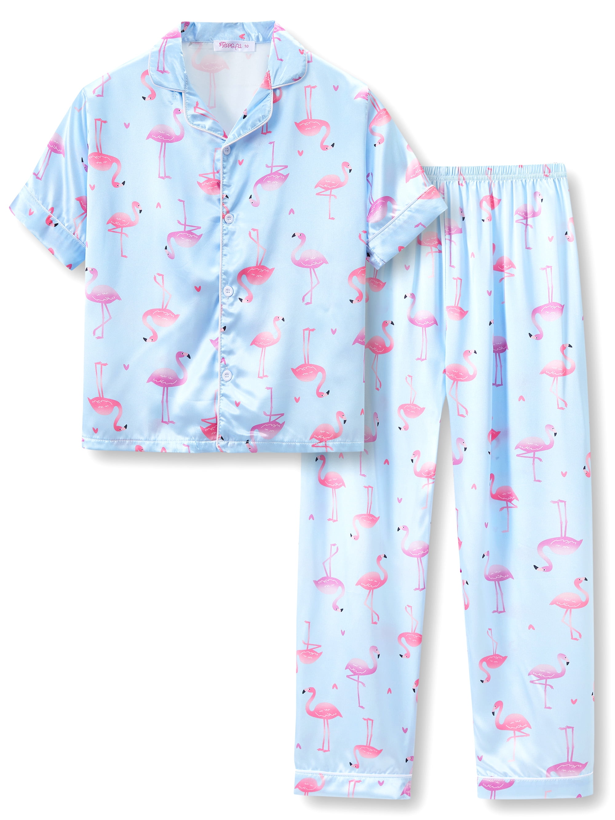 Cute Pink and Purple Flamingo Pajama Set for Girls – Satin Silky Short ...
