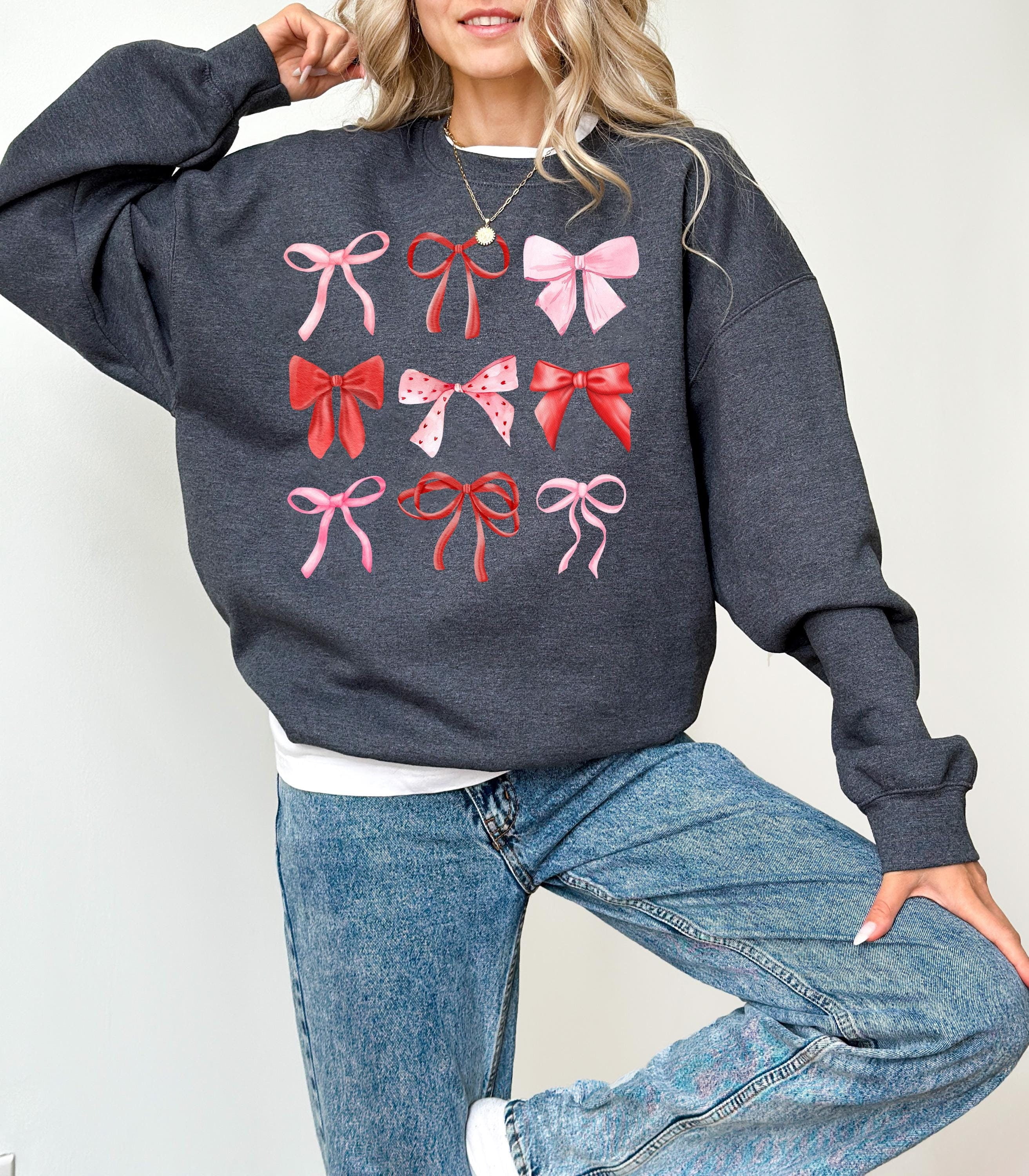 Cute Pink and Red Bows Valentine's Day Crewneck, Retro Valentines Sweatshirt, Valentines Day ...