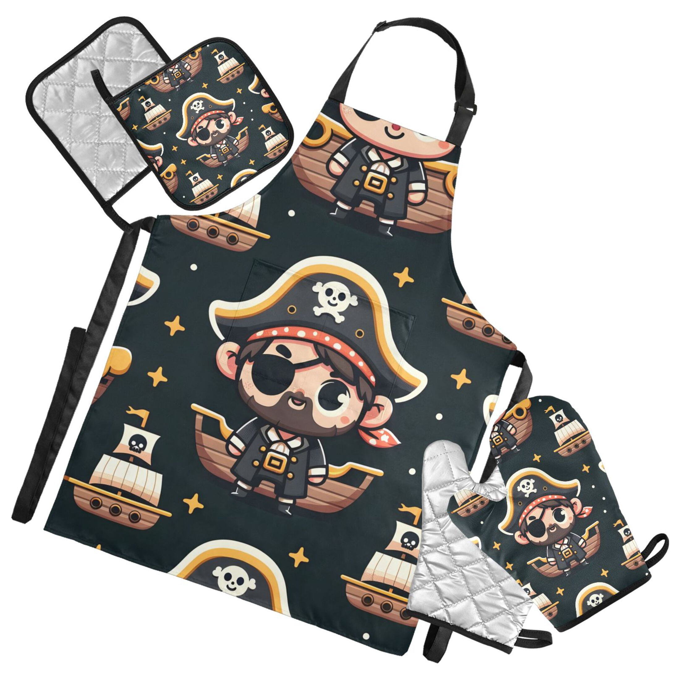 Cute Pirate and Ship 5 Pcs Kitchen Set Heat Resistant Oven Mitts and ...
